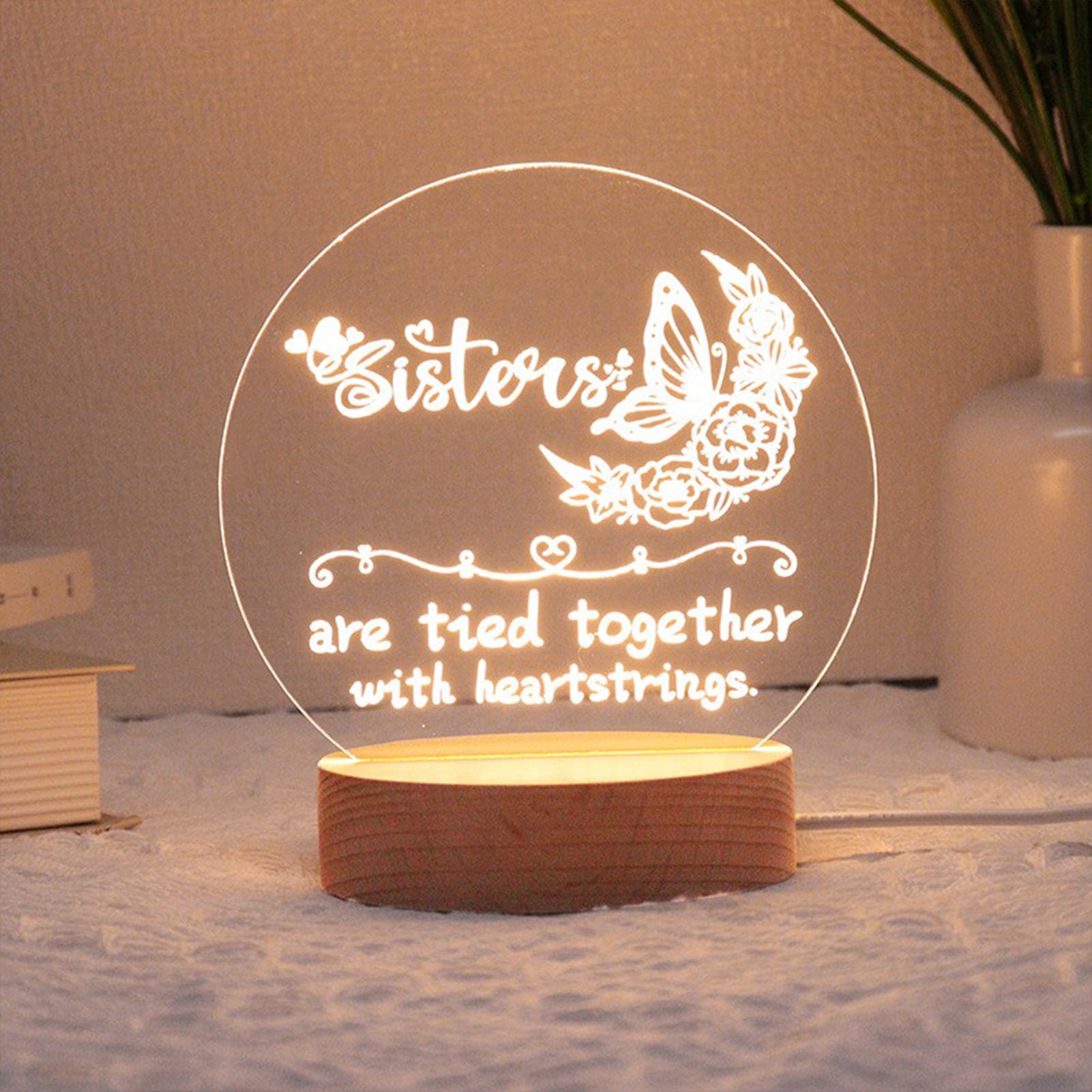 LED Picture Frame with Wood Base 3D Night Light Beech Round Bottom USB ...