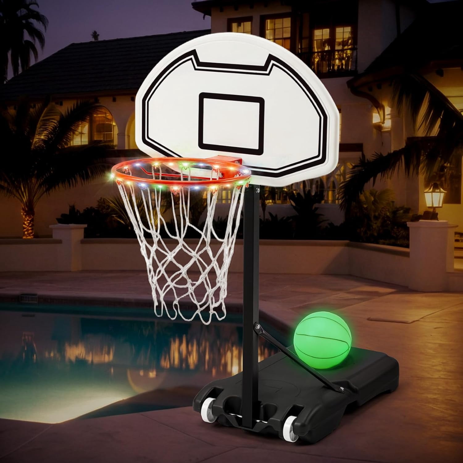 LED Pool Basketball Hoop, Height Adjustable 3-4.6 ft, 15" Light-Up Rim ...