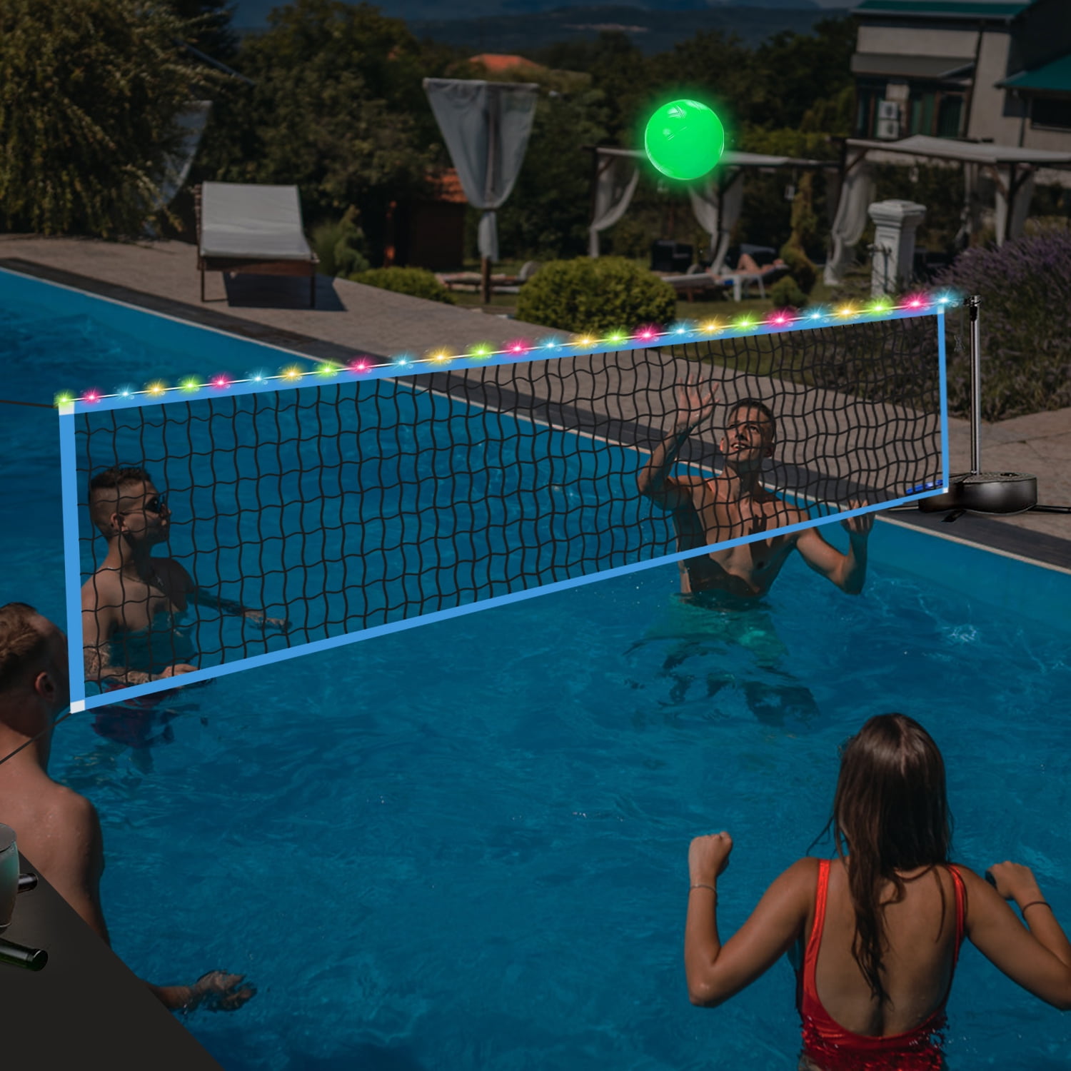 Pool Volleyball Net Set with Lights, 15ft-32ft Adjustable Length ...