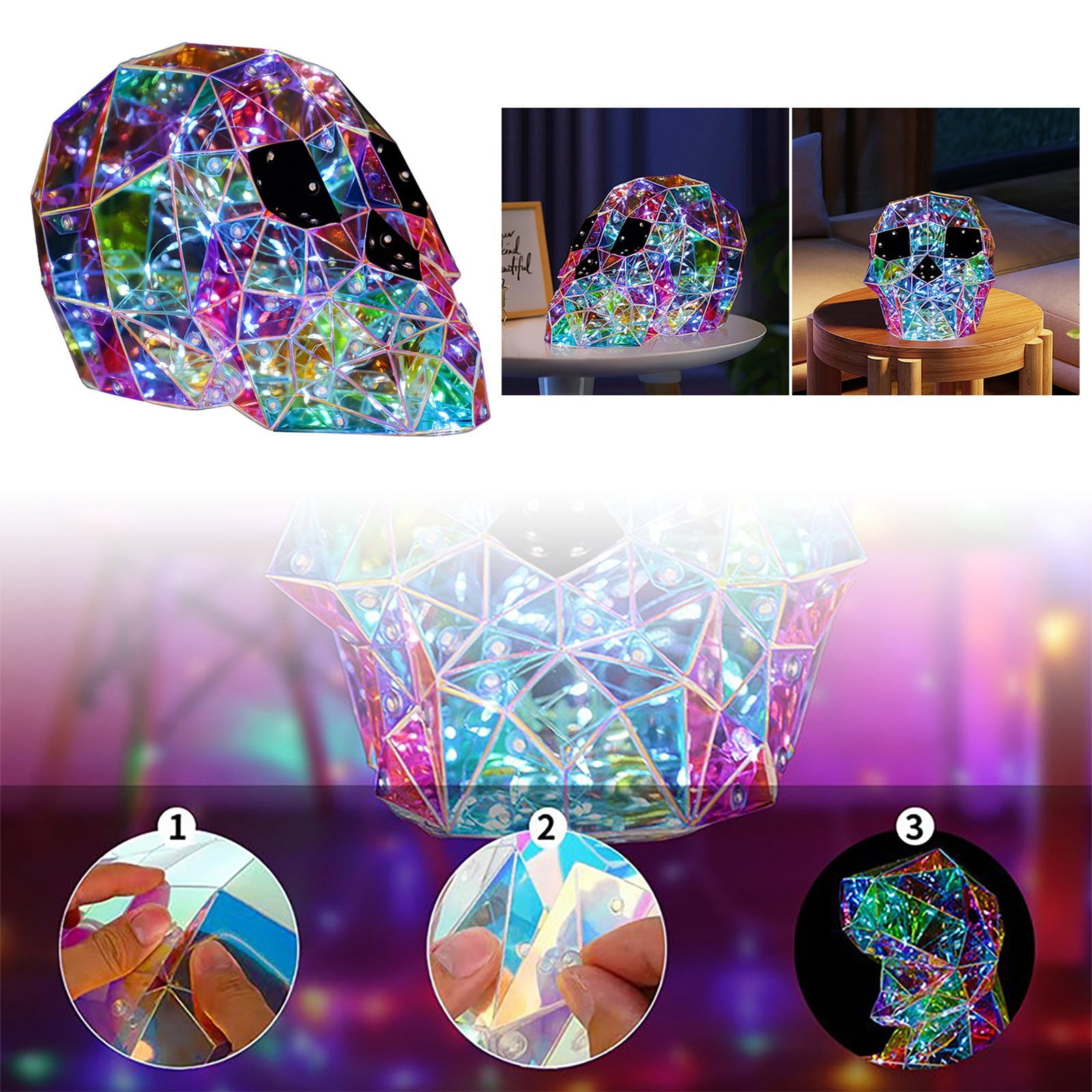 LED Prismatic Skull Light - Rainbow Color Changing Halloween Decor with ...