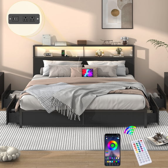 Blotout Queen Bed Frame, LED Headboard with USB Ports, 4 Storage ...