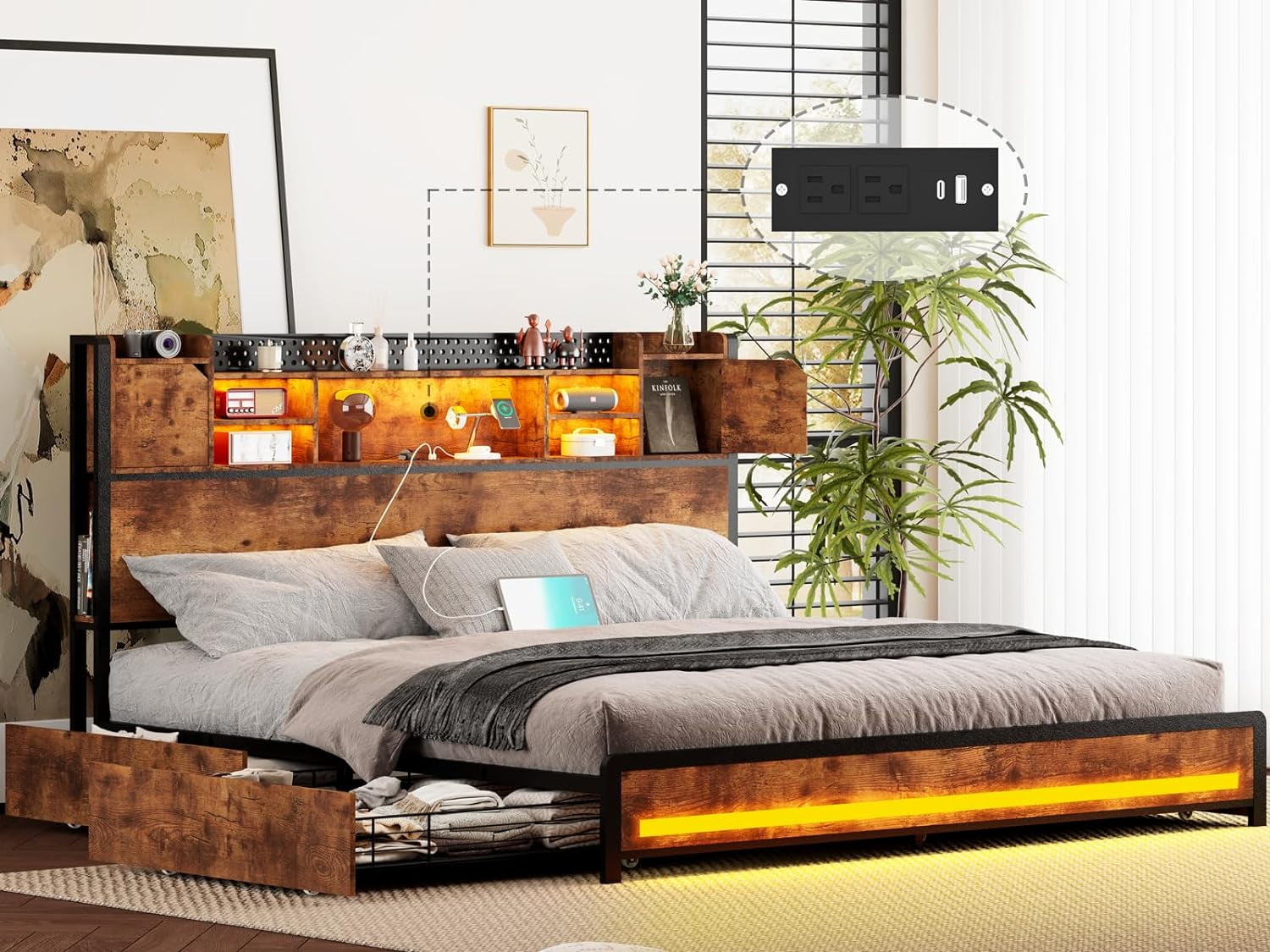 Queen Size LED Bed Frame with Storage, Charging Station, 3-Tier Shelves ...