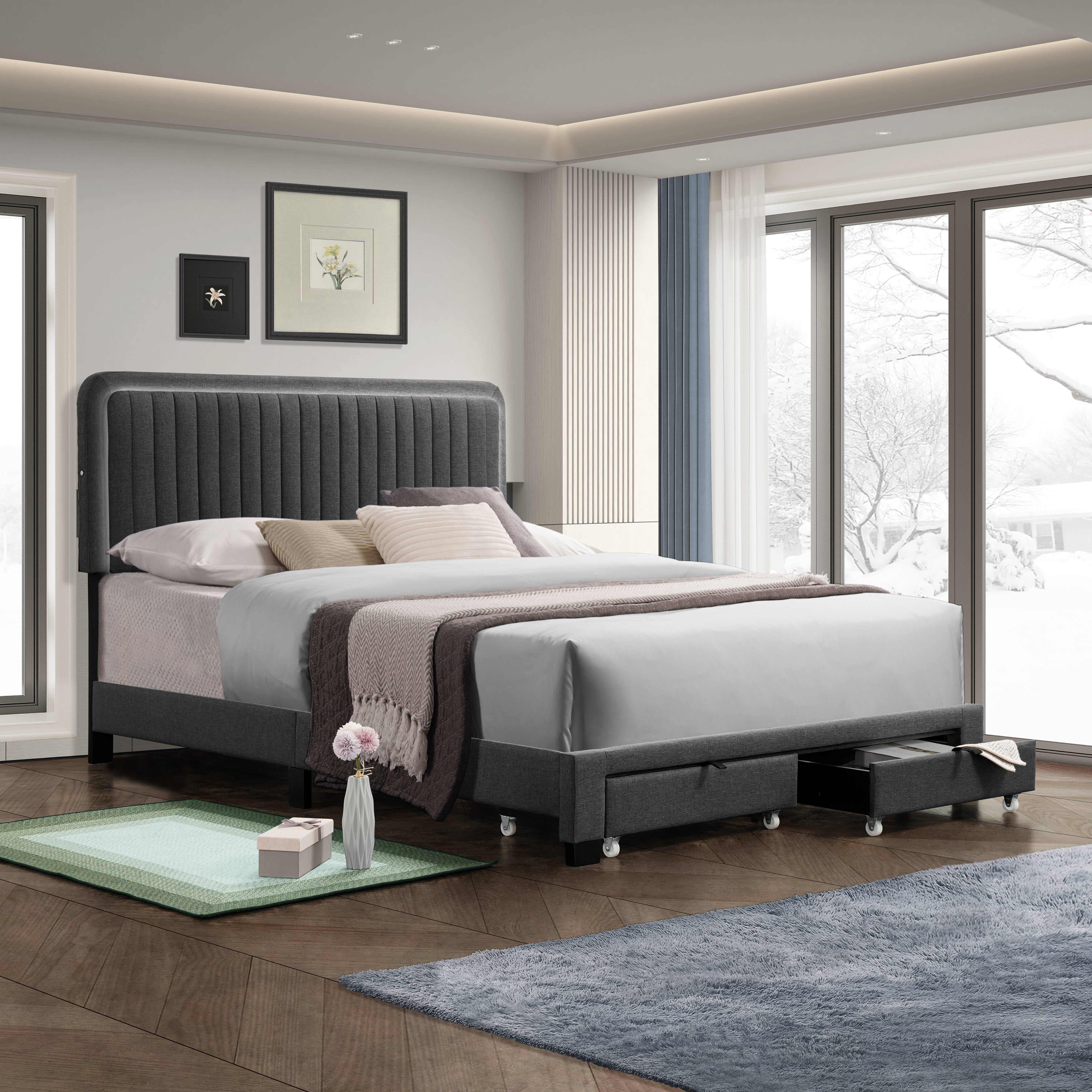 LED Queen Size Bed Frame with Drawers, Linen Upholstered Platform Bed ...