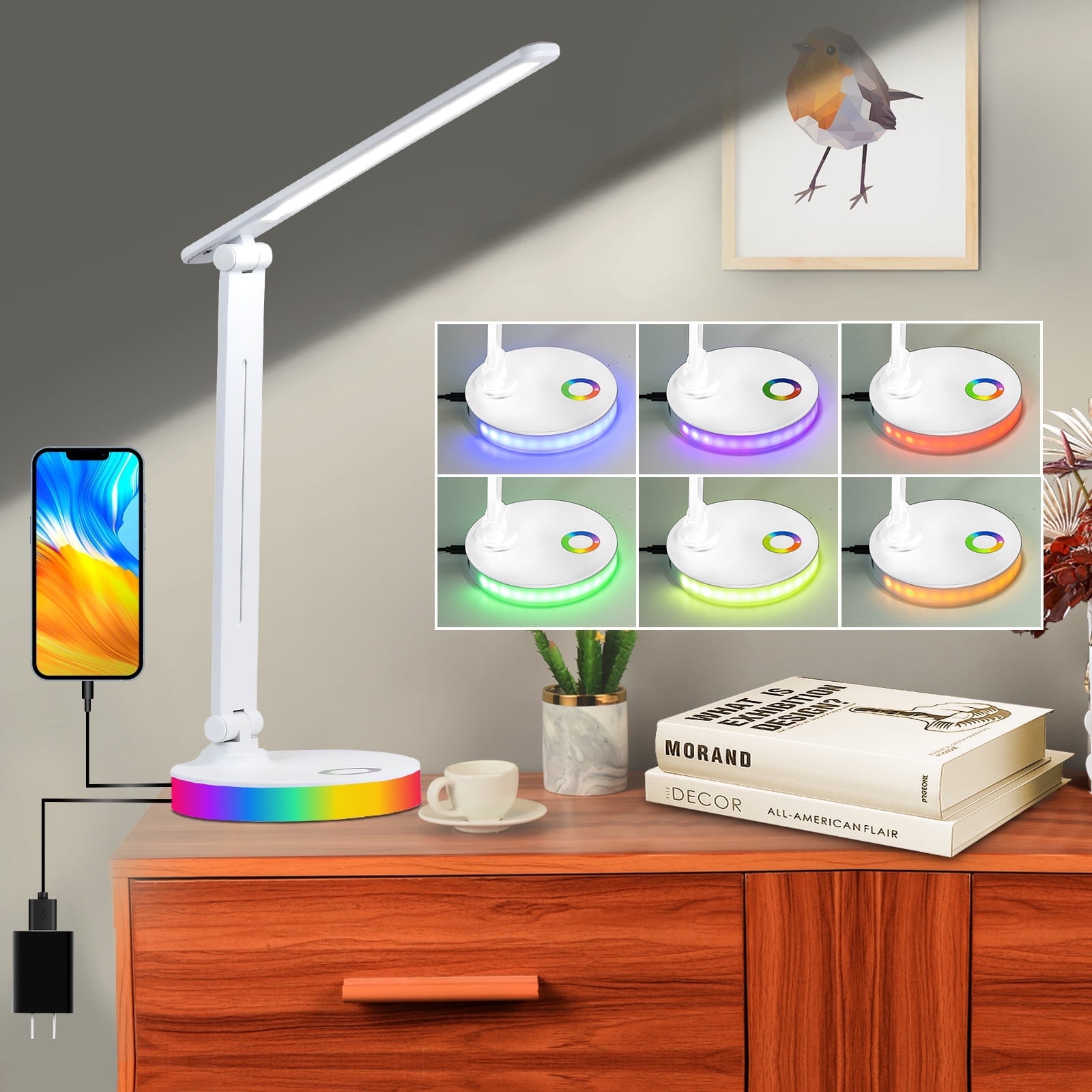 LED RGB Desk Lamp,Touch Control Color RGB Eye-Caring Base Night Light and Foldable Swing Arm ...