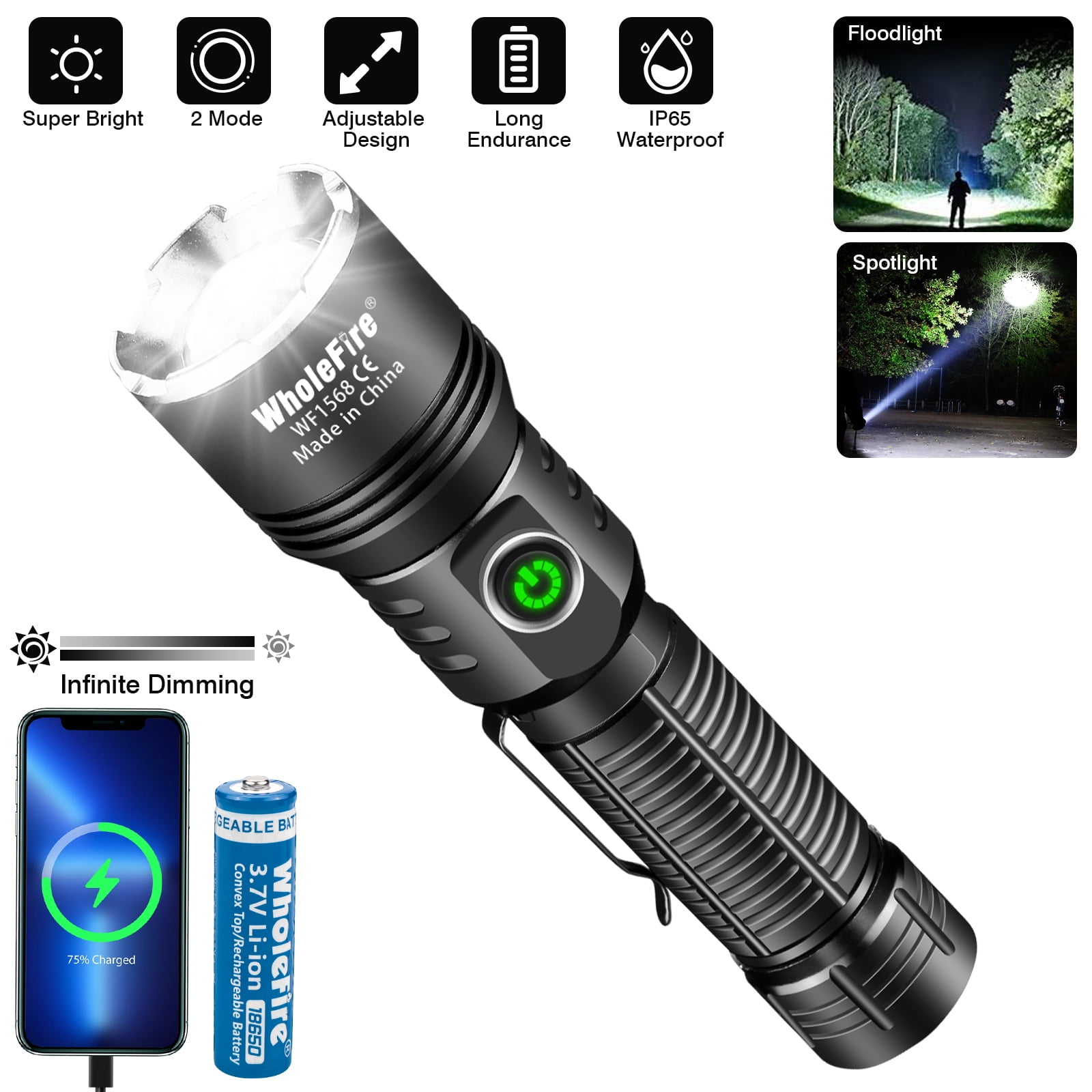 15W LED Rechargeable Flashlight Adjustable Focus Flashlights Waterproof Flash Light with Battery ...