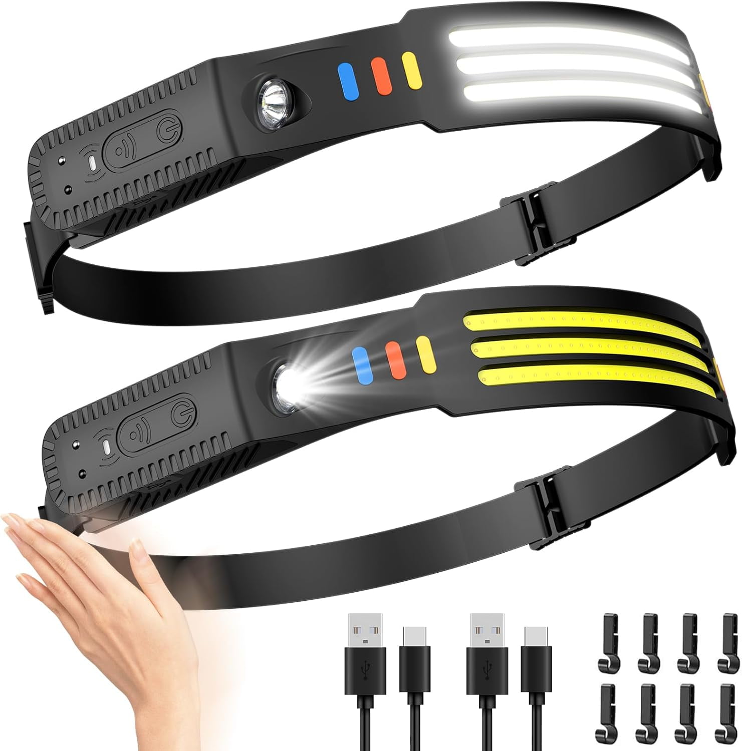 LED Rechargeable Headlamp 2PCS, 230° Wide Beam Head Lamp, COB Bright ...