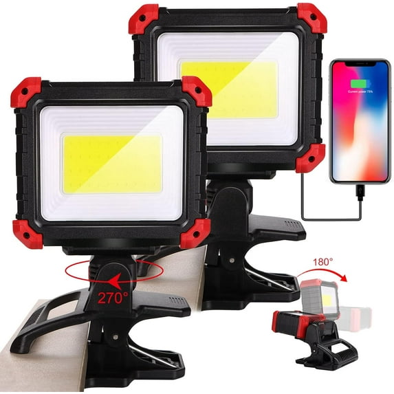 LED Rechargeable Work Light with Clamp, 2Pack 2100LM COB Magnetic Clip ...