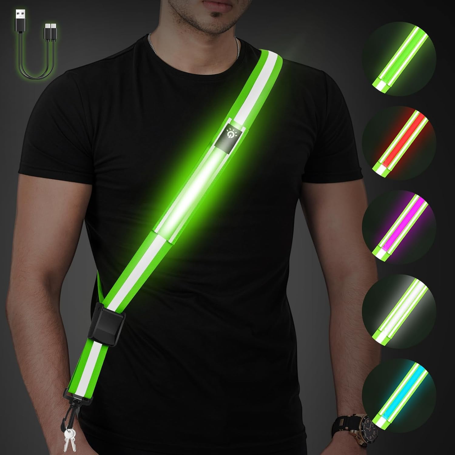 LED Reflective Belt Sash - 5 Lights Colors & 3 Light Modes High ...