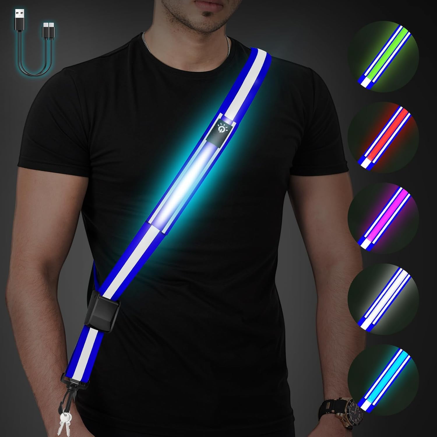 LED Reflective Belt Sash - 5 Lights Colors & 3 Light Modes High ...