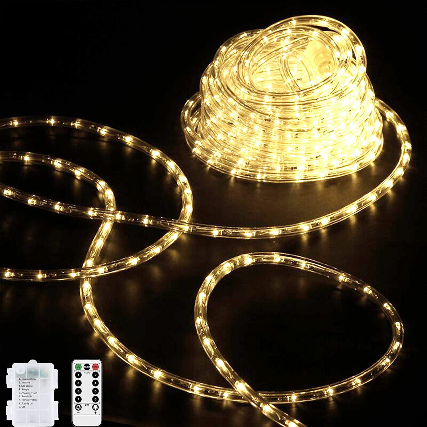 LED Rope Lights Outdoor Battery Operated Rope Lights Waterproof with ...