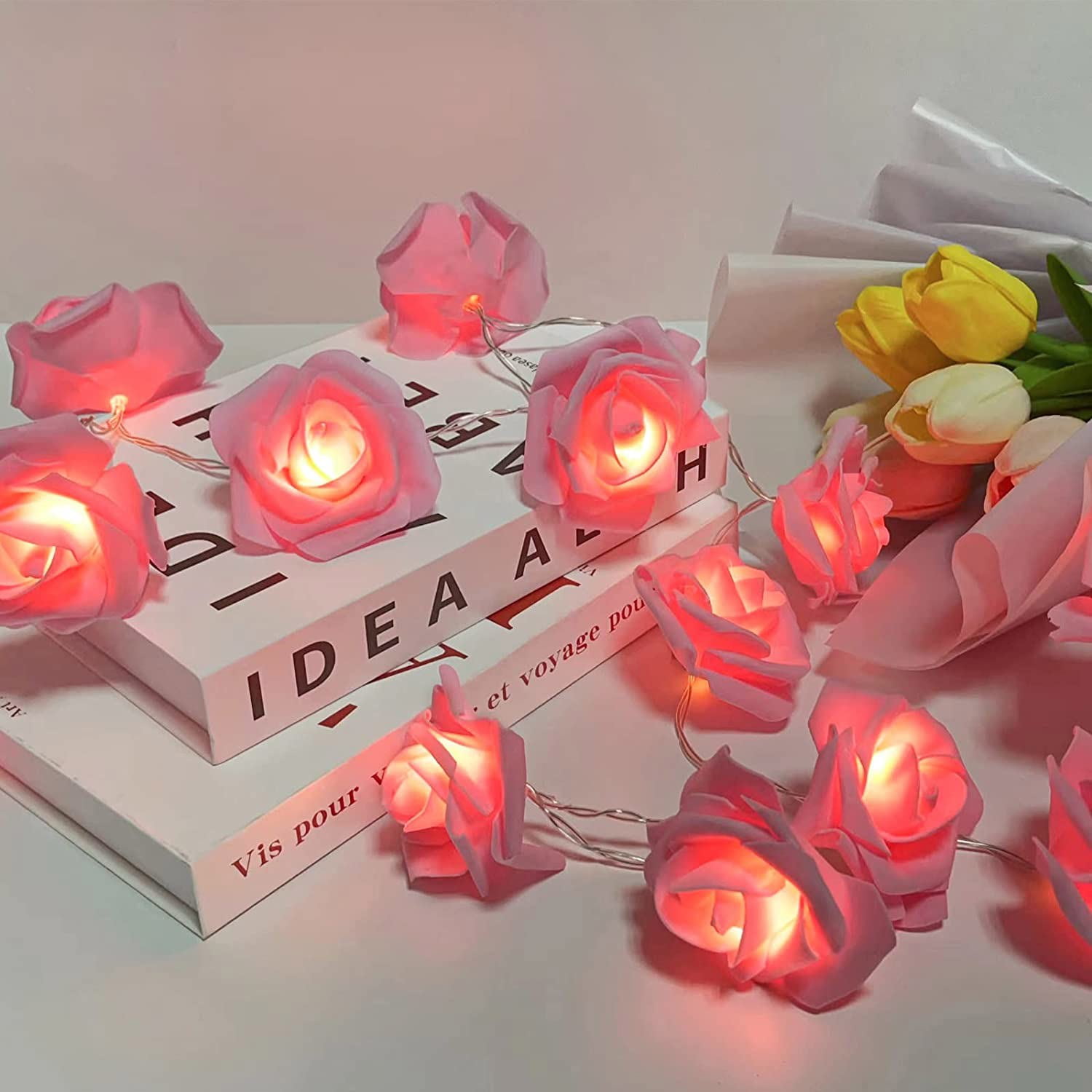 LED Rose Flower String Lights, 7.2ft 20 LED Rose Light Battery Operated ...