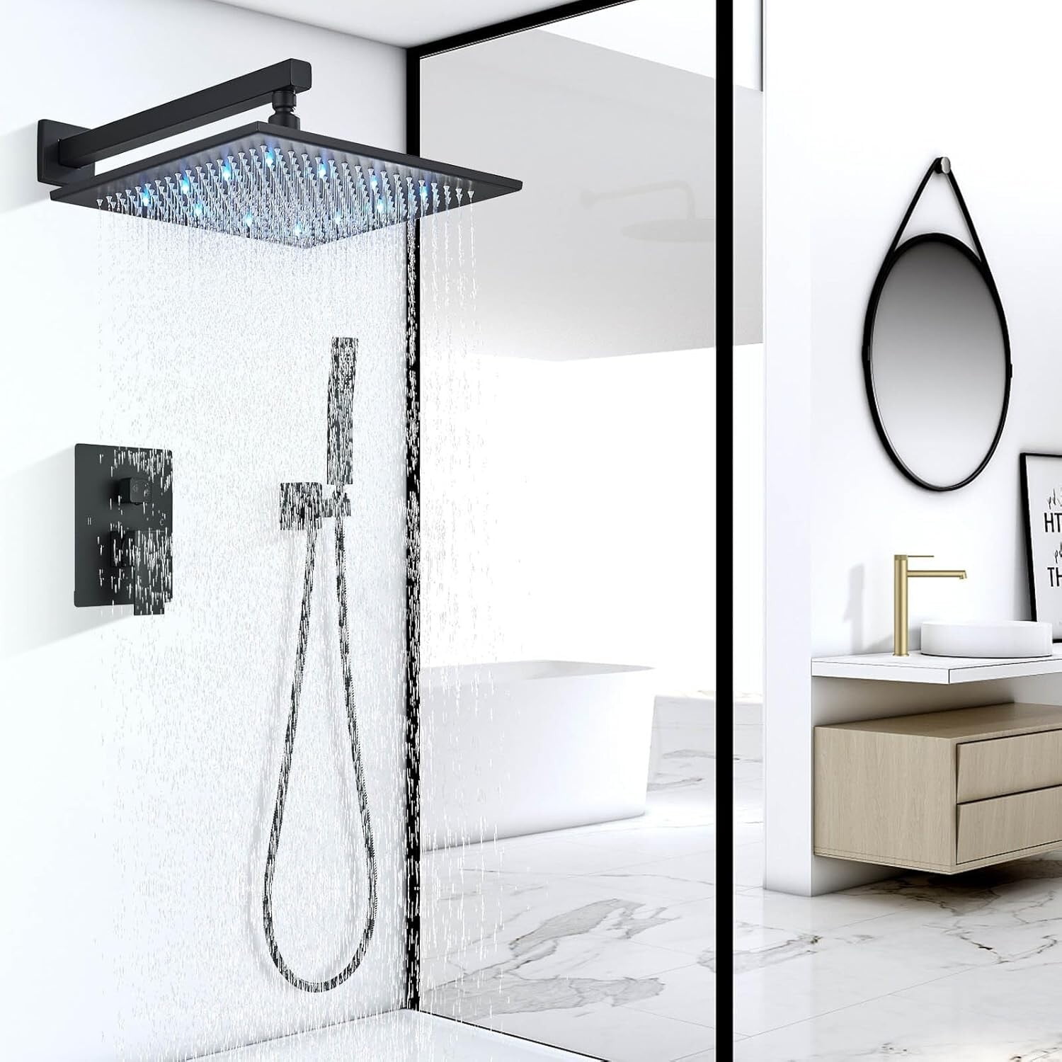 LED Shower Faucet Set 12 In Rain Head Combo System with Mixer Valve ...