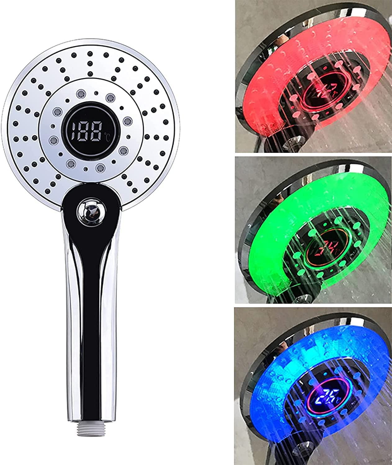 Led Shower Head, 3 Colors Led Shower Head Temperature Control Hand ...
