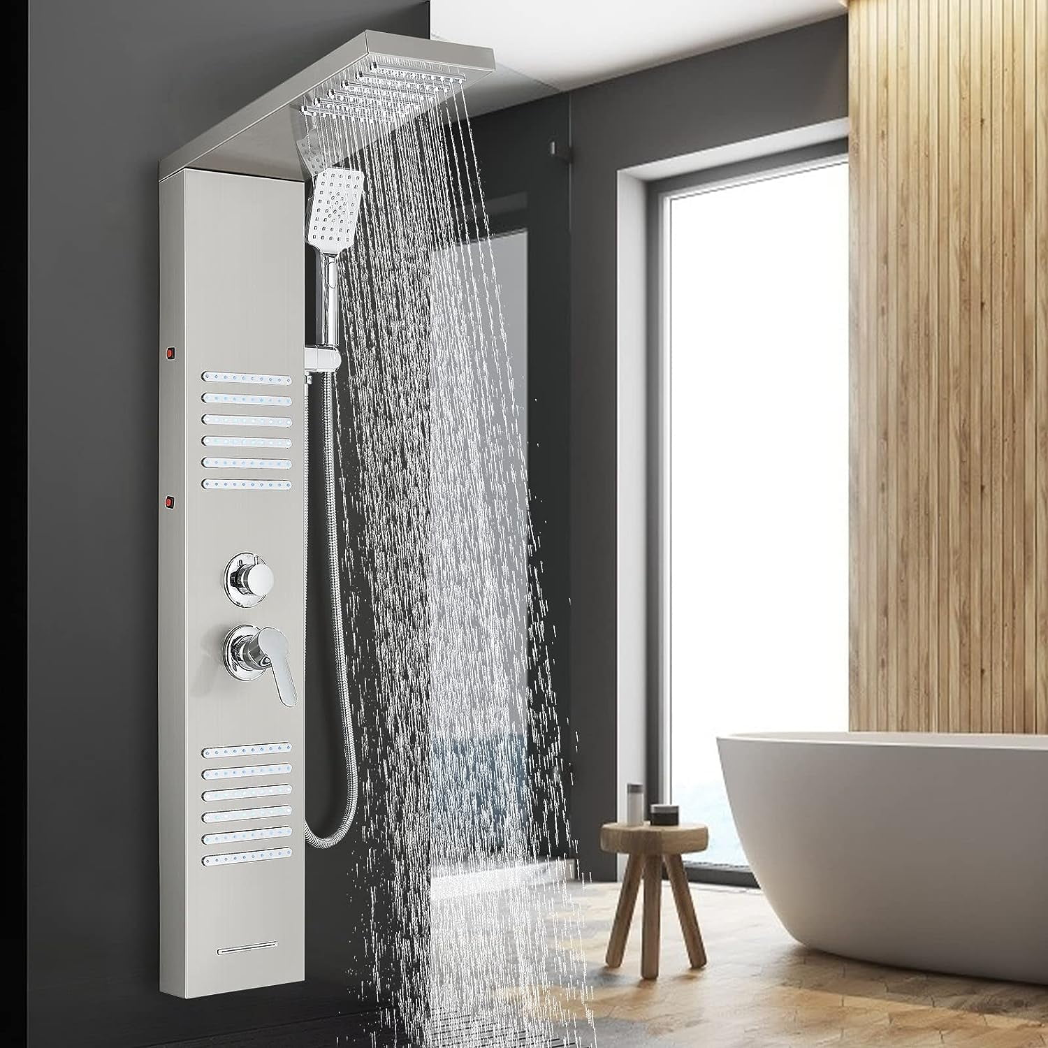 LED Shower Panel Tower System Rainfall Massage Jet Brushed Nickel W ...