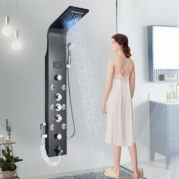 LED Rain&Waterfall Shower Panel Tower System Massage Jets W/Hand Shower ...