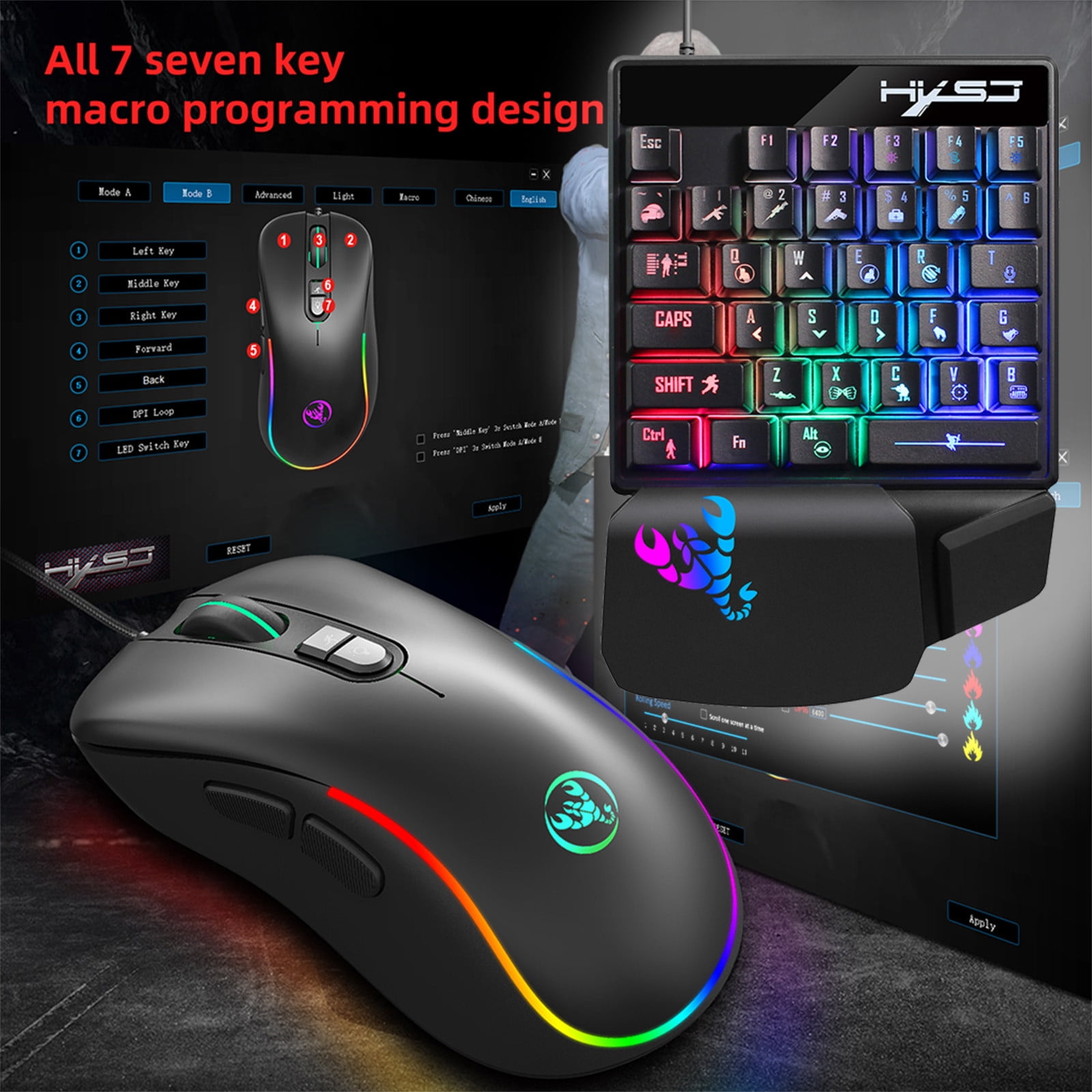 LED Single-Handed backlit Keyboard Mouse Set 35 Keys Mini USB Wired ...