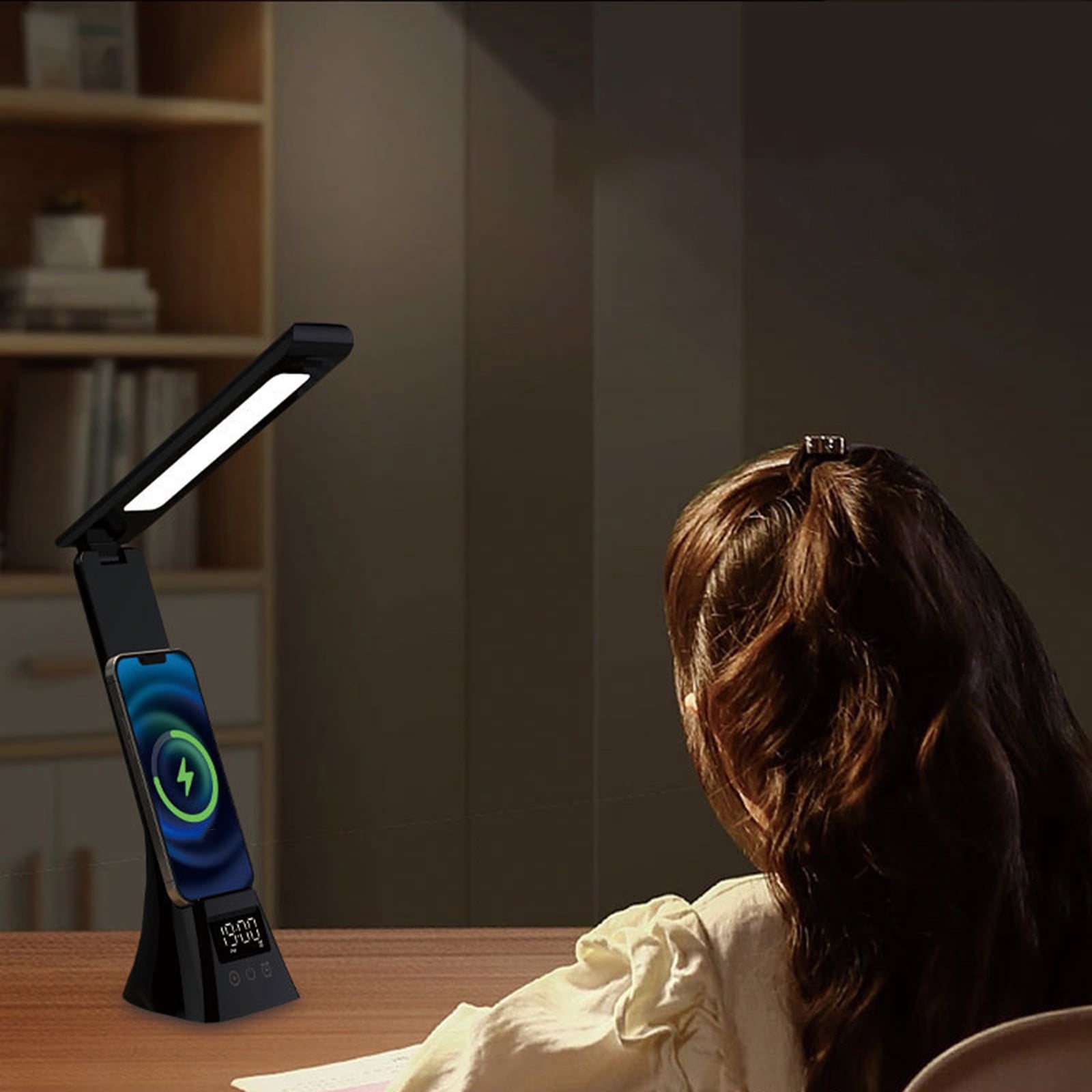 LED Smart Desk Lamp Mobile Phone Wireless Charging Clock Alarm Clock ...