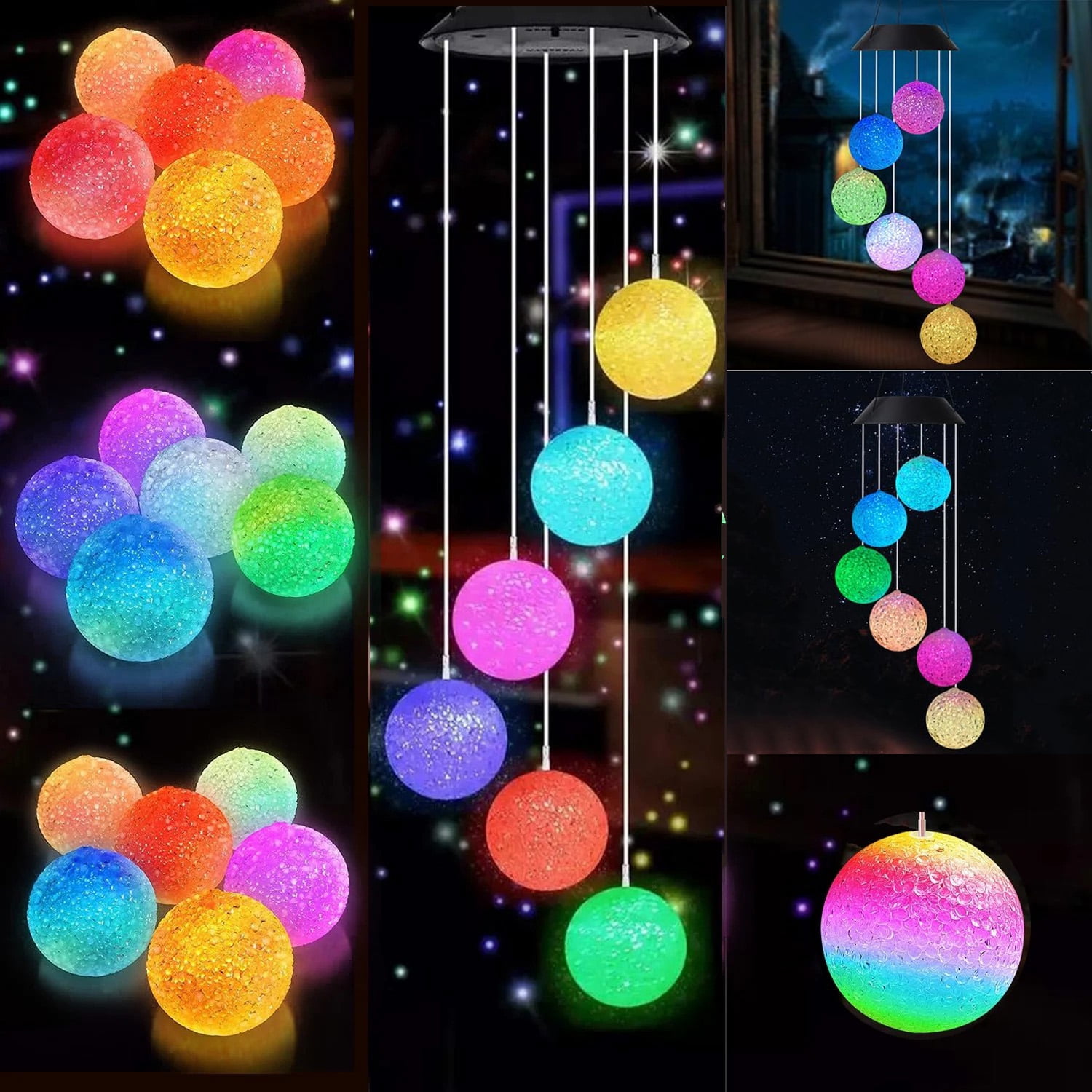 LED Solar Crystal Ball Wind Chime, 25" Mobile Hanging Wind Chime for ...