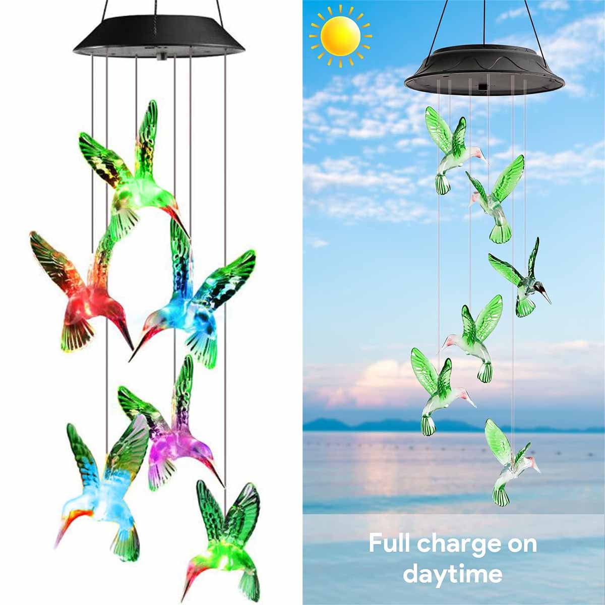 LED Solar Hummingbird Wind Chime, Changing Color Waterproof Six ...
