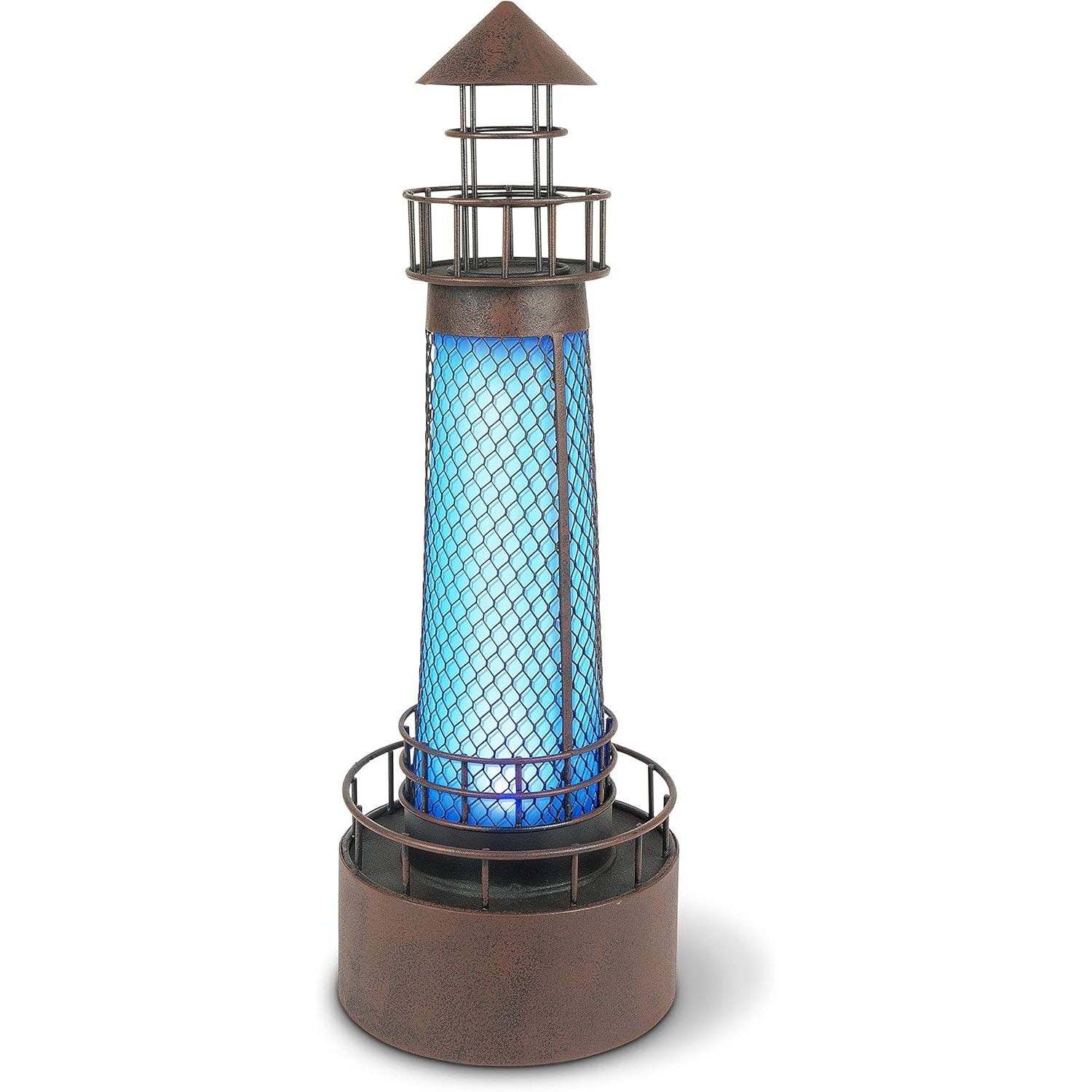 LED Solar Lighthouse with Brown Rustic Finish. Blue with Wire Mesh ...
