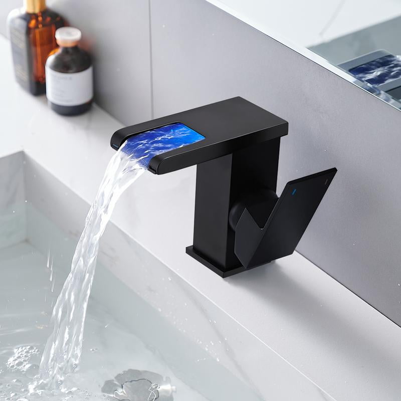 LED Stainless Steel Waterfall Black Bathroom Faucet, Single Hole ...