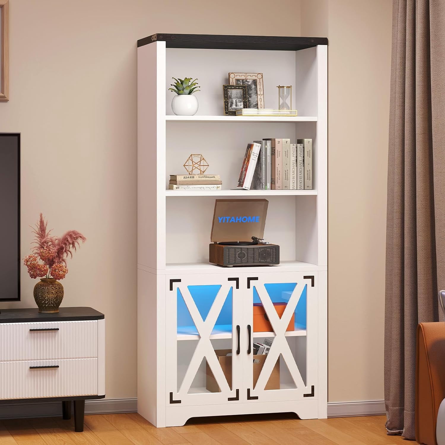 LED Storage Cabinet with Doors & Shelves Pantry Storage Cabinet Tall ...