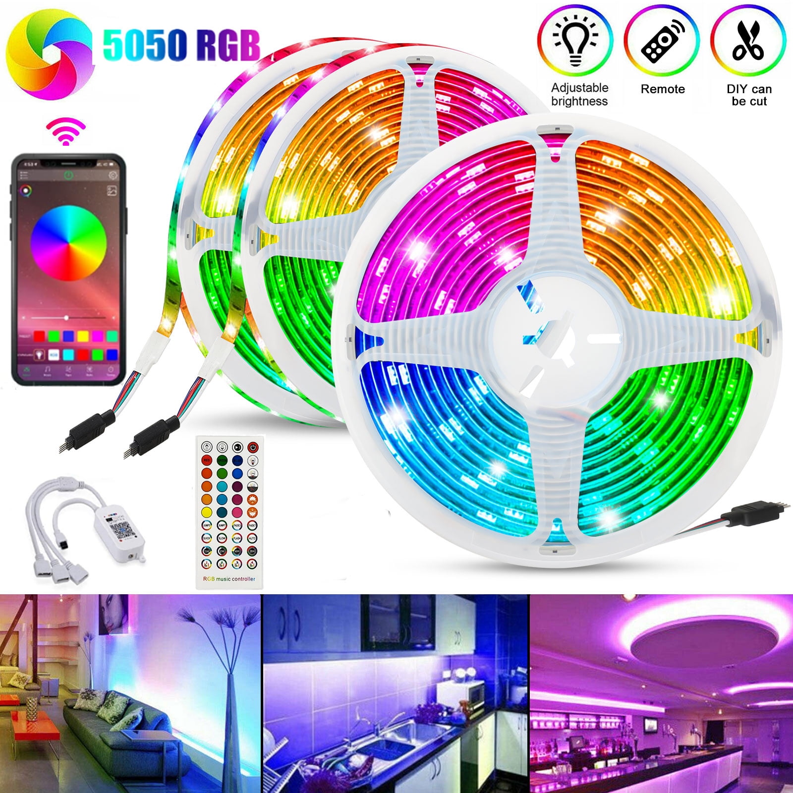 LED Strip ,50ft Lights Strip 450 LEDs 5050 RGB Strip Music Sync Color ...