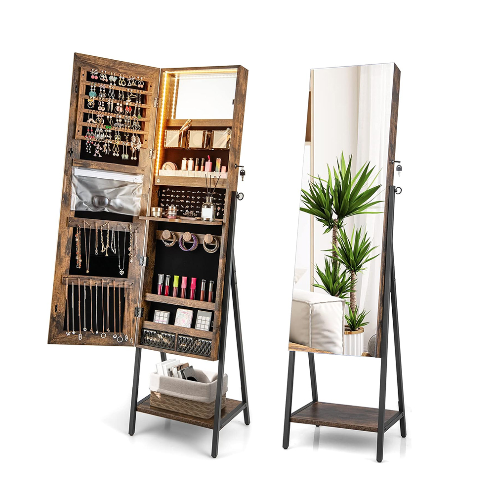 LED Strip Jewelry Armoire with 47.2" H Full Length Mirror, Lockable ...