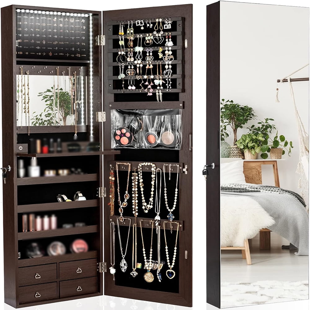 LED Strip Jewelry Armoire with 47.2" H Full Length Mirror, Wall/Door ...