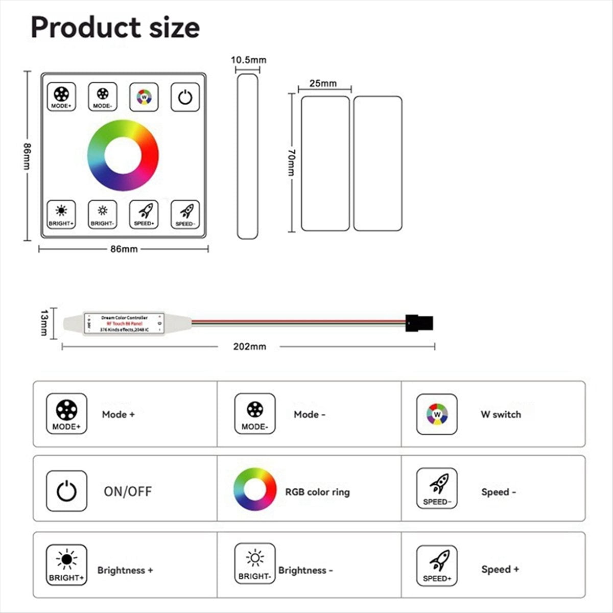 LED Strip Light Controller with 8Key Touch Panel RF Wireless Controller ...