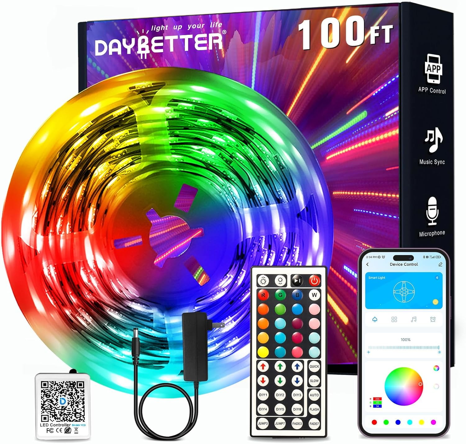 LED Strip Lights 100ft, Smart Lighting with App Remote Control, RGB LED ...