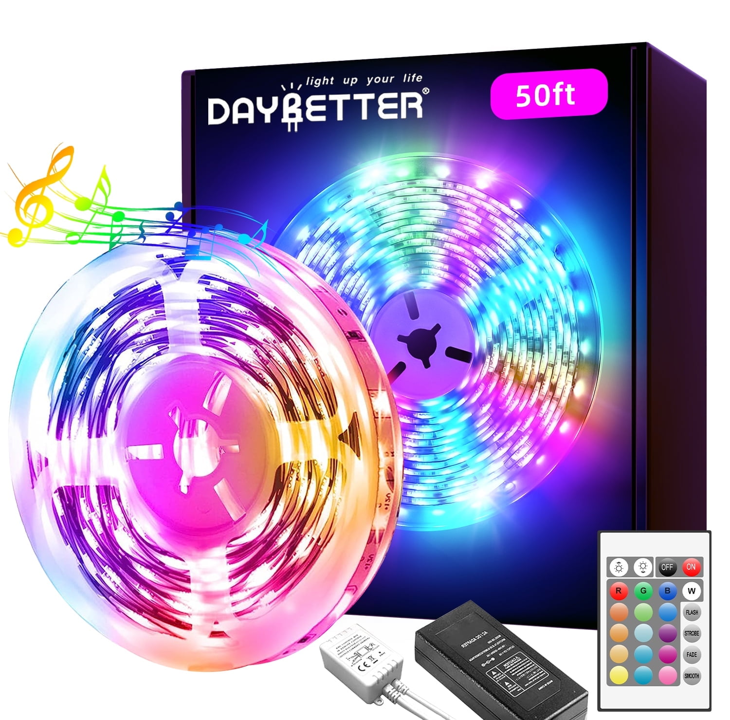 DAYBETTER 50ft RGB LED Strip Lights for Indoor Room Decor with Remote ...