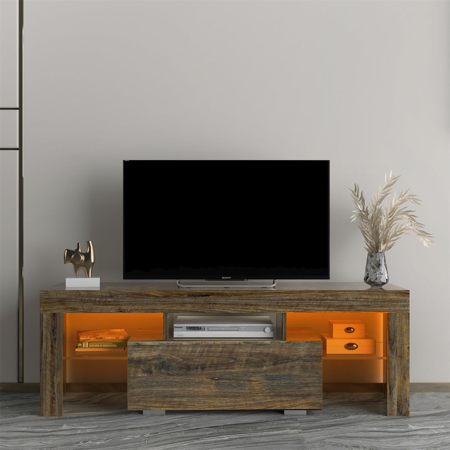LED TV Stand with 12 LED RGB Lights and 1 Big Drawer, Wood Media ...