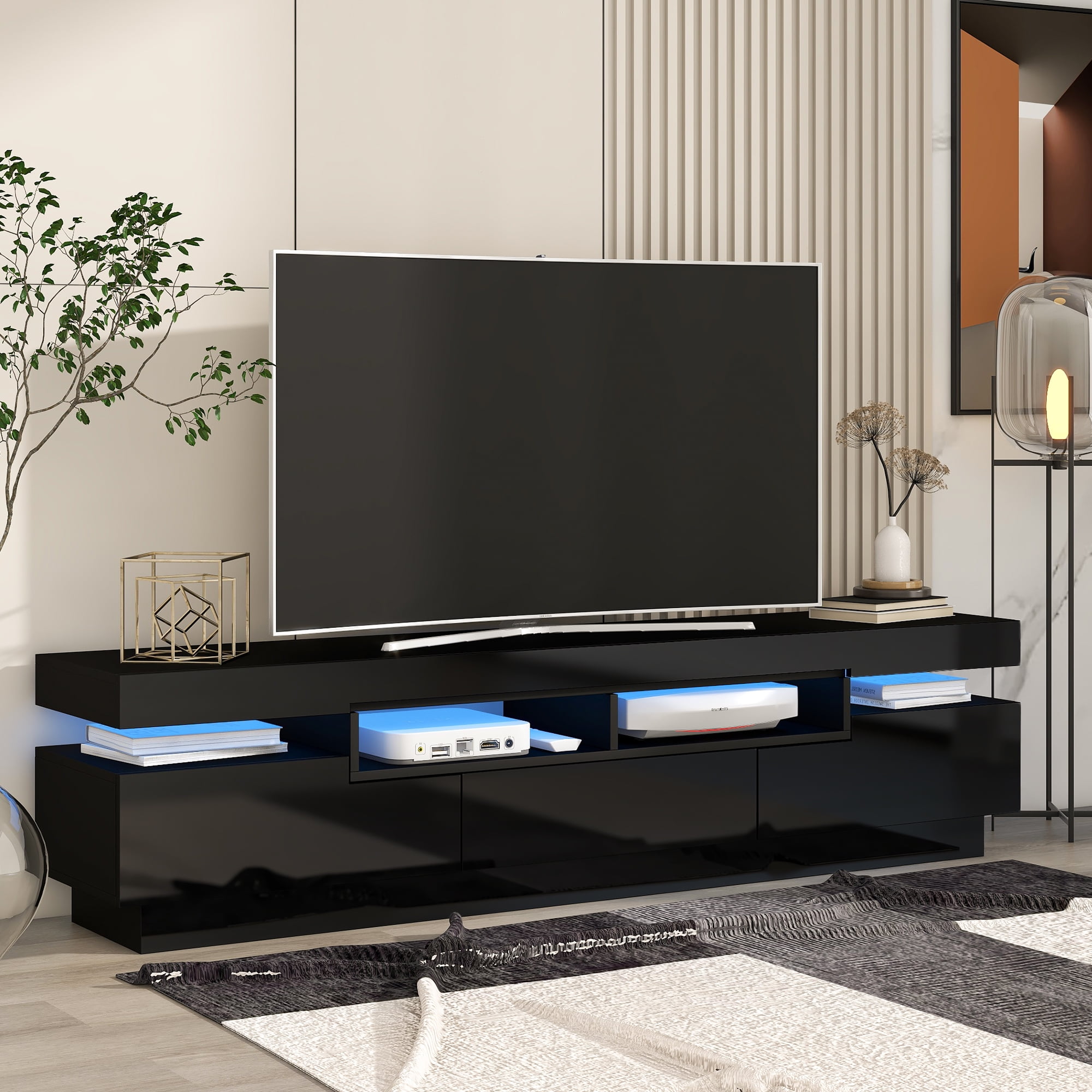 LED TV Stand with 4 Open Shelves, Modern High-Gloss Entertainment ...
