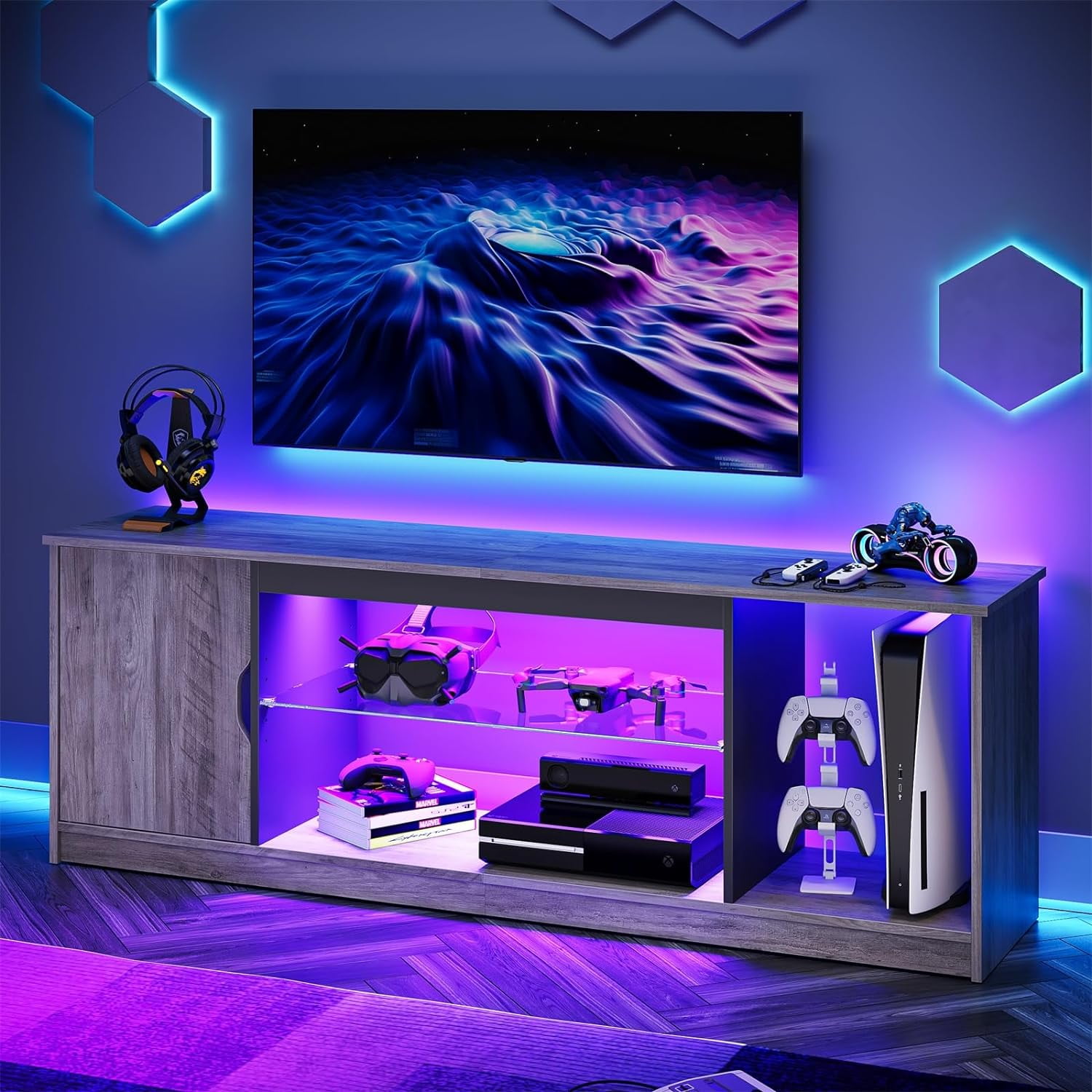 LED TV Stand for 55/60/65 Inch TV, Gaming Entertainment Center with ...