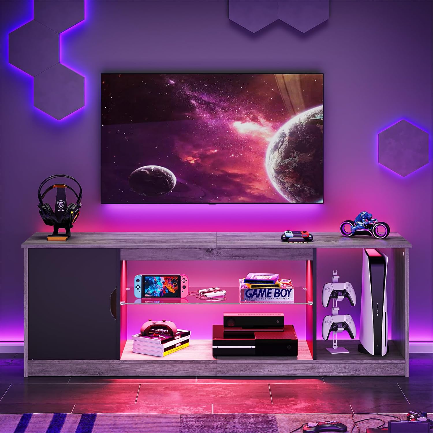 LED TV Stand for 55/60/65 Inch TV, Gaming Entertainment Center with ...
