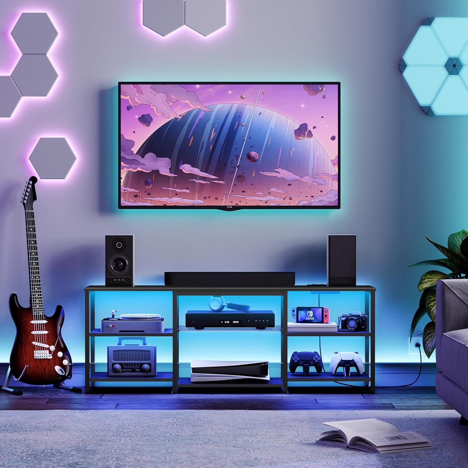 LED TV Stand for 65 Inch TVs with Charging Station, Gaming ...