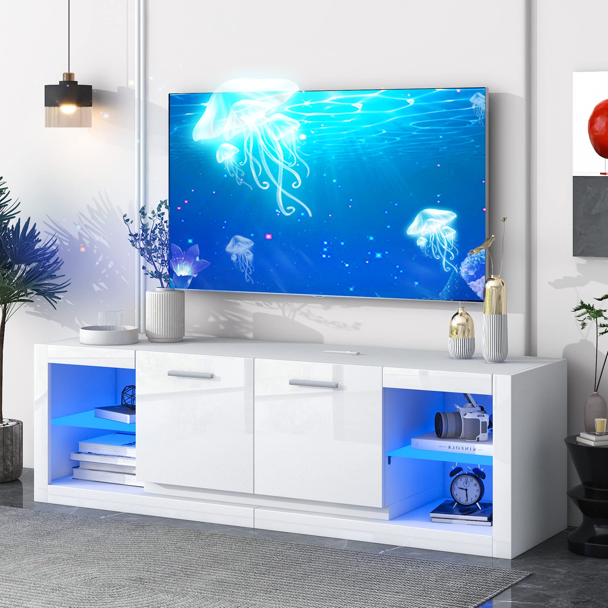 LED TV Stand for 70 inch TV, Modern TV Stand with LED Lights, White LED ...