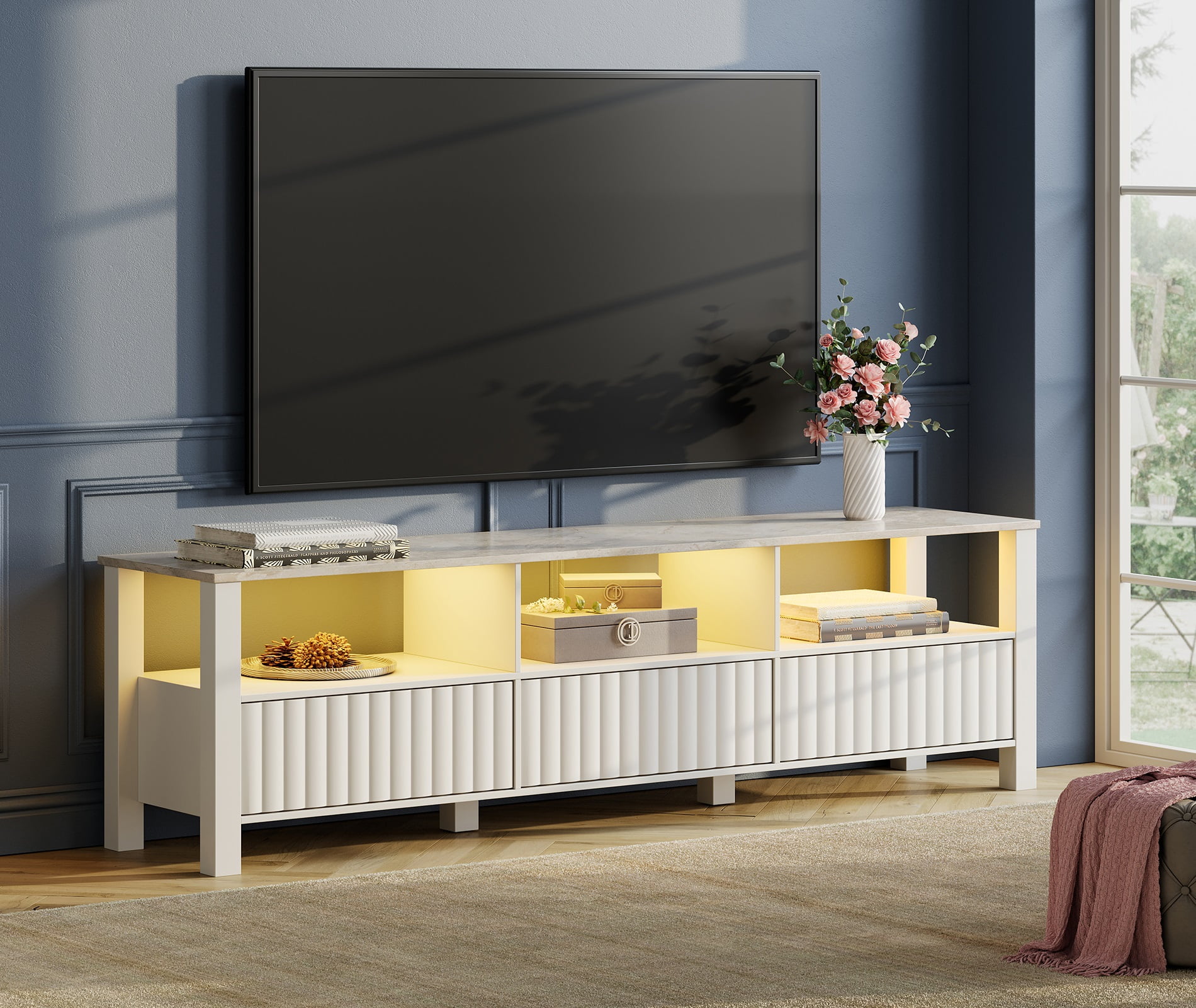 LED TV Stand for 75 inch, White Wood TV Console Media Storage Cabinet ...