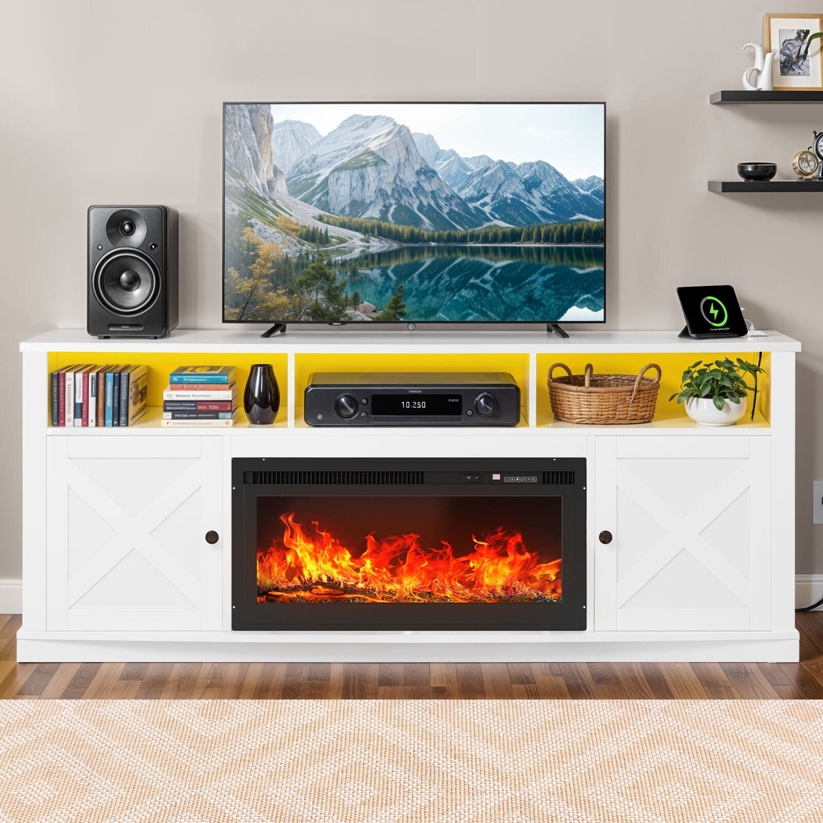 LED TV Stand Cabinet Console for up 80 inch TVs with Open Shelves Power ...