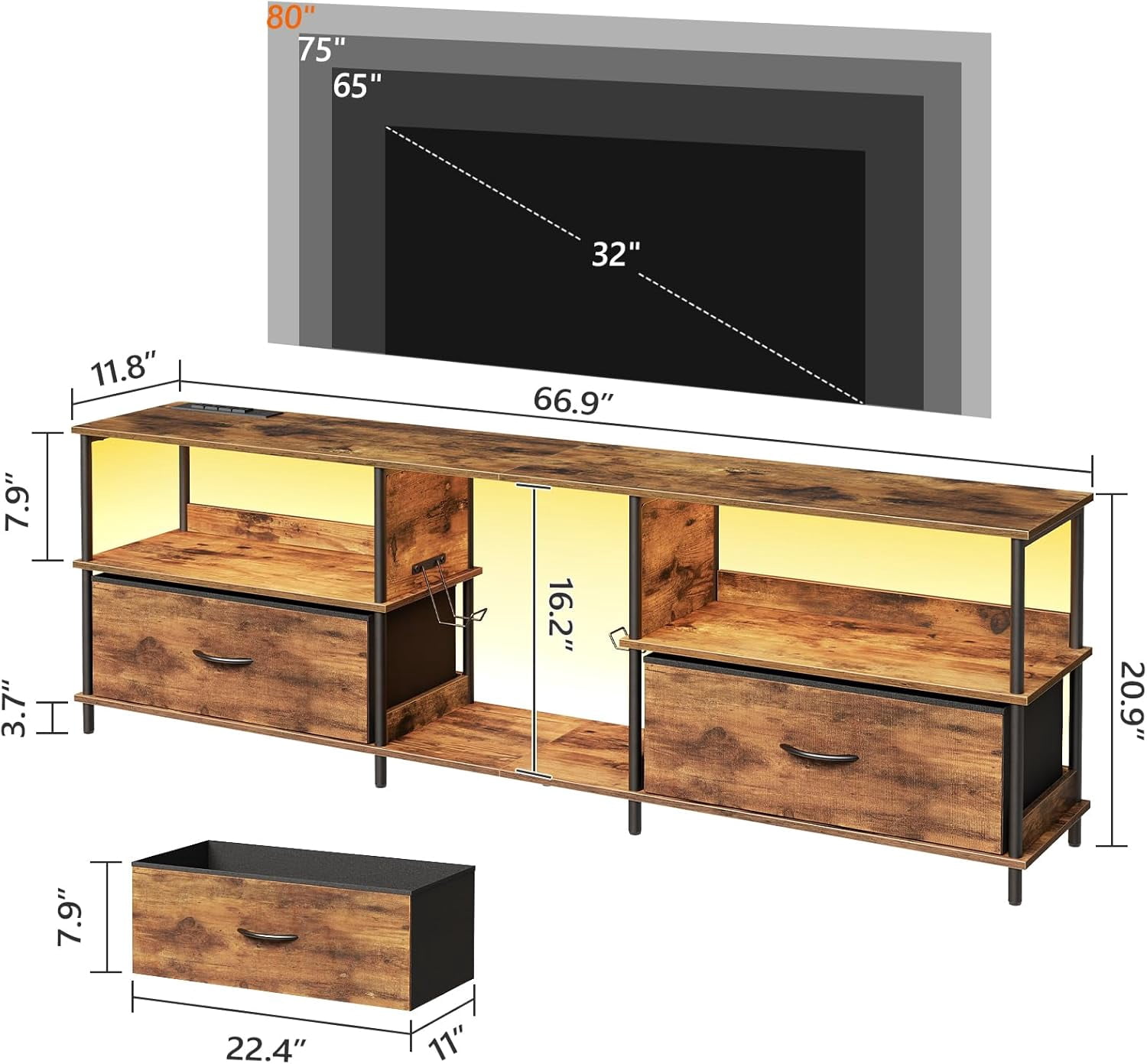 LED TV Stand with Charging Station and 2 Fabric Drawers, Entertainment ...