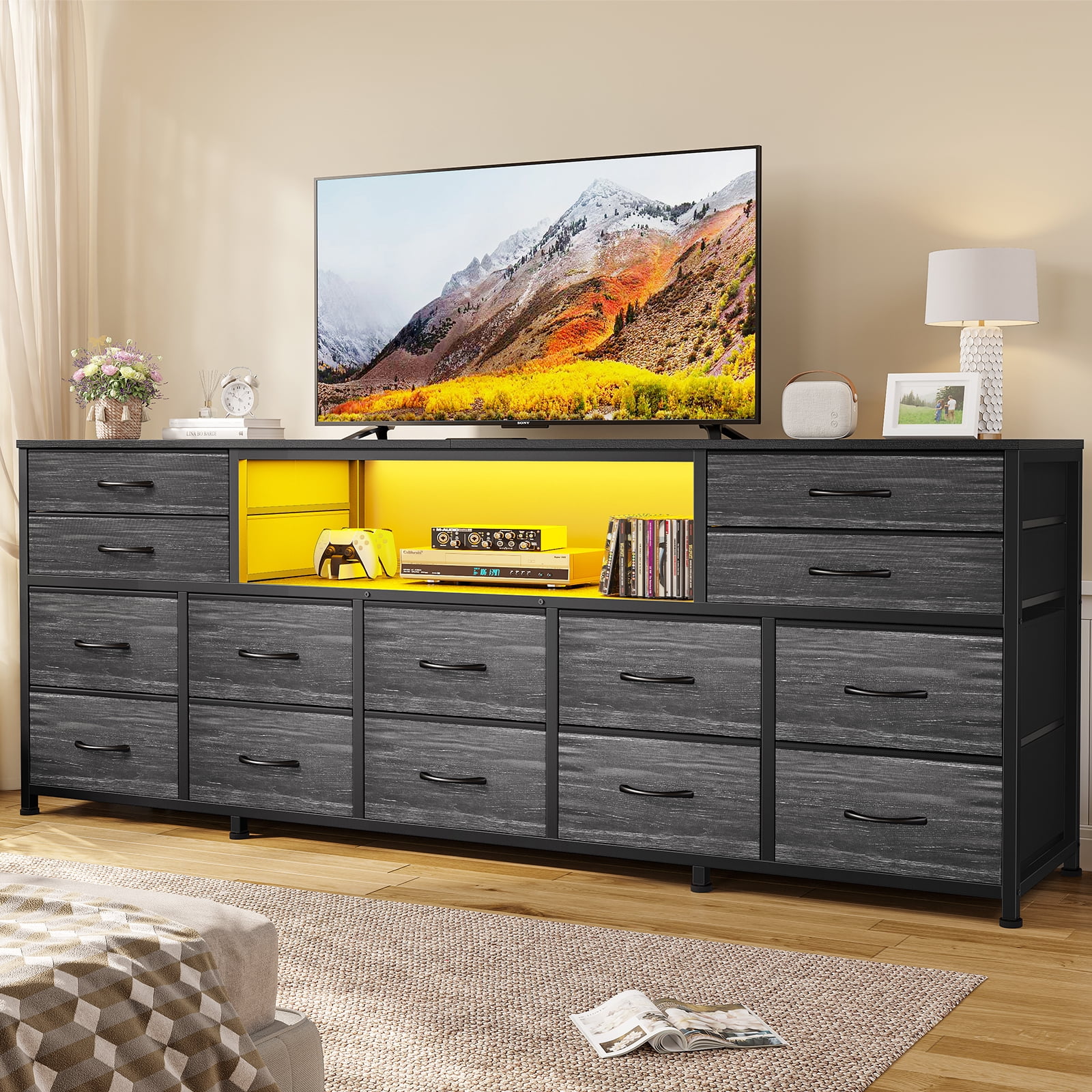 LED TV Stand Dresser with LED Light & Power Outlets, 14 Drawers,70.9 ...