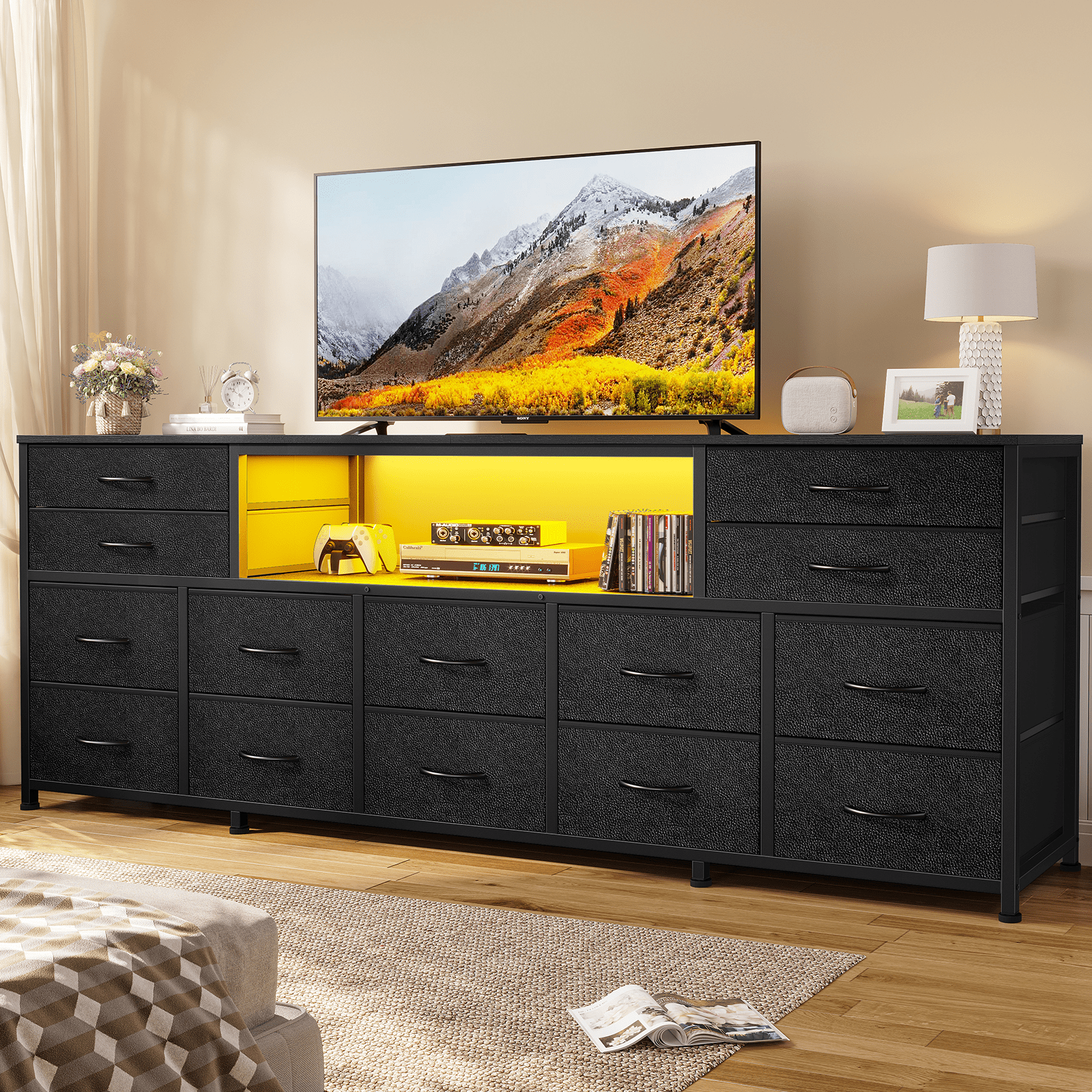 LED TV Stand Dresser with LED Light & Power Outlets, 14 Drawers,70.9 ...