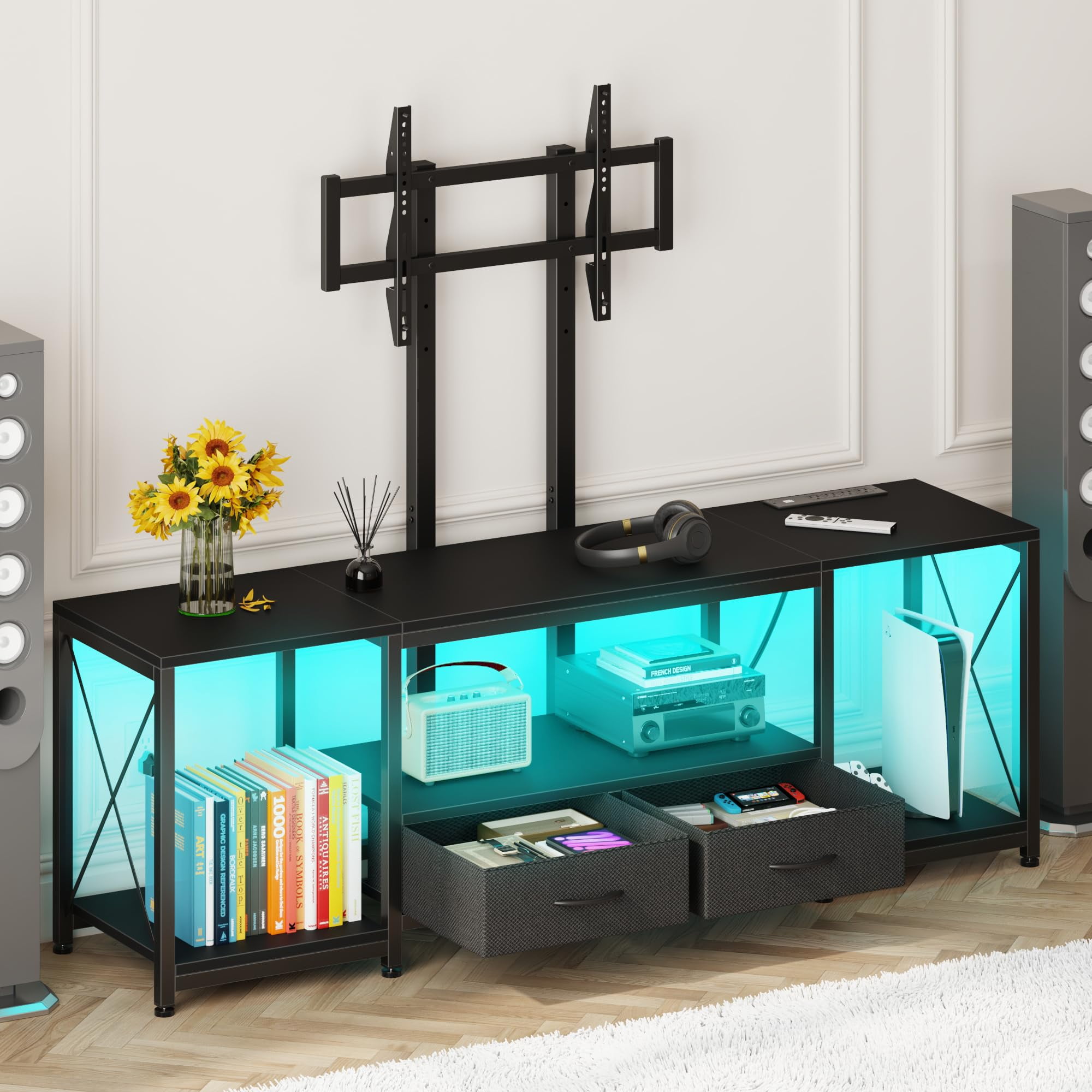 LED TV Stand with Mount and Power Outlet & Fabric Drawers for 32-85 ...