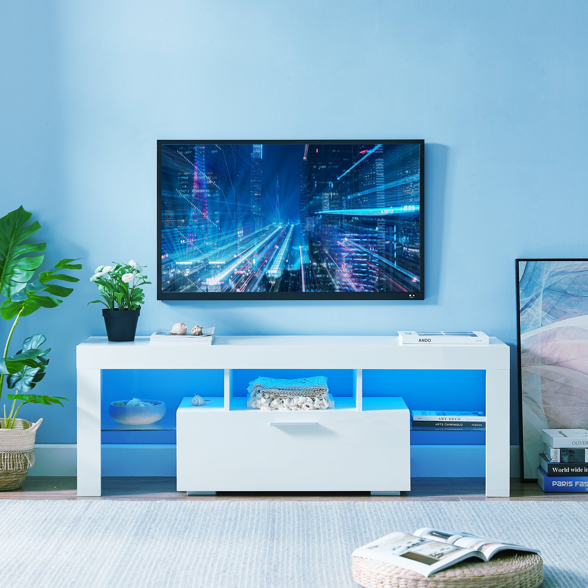 LED TV Stand for 55 Inch TV,Modern TV Stand with Storage Drawer and ...