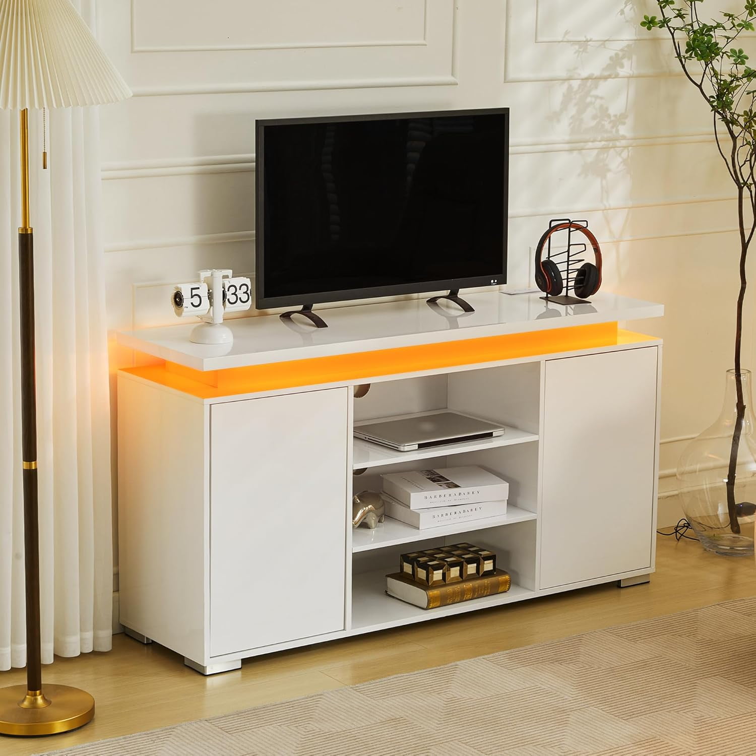 LED TV Stand for 65 inch TV Modern High Gloss Entertainment Center with ...