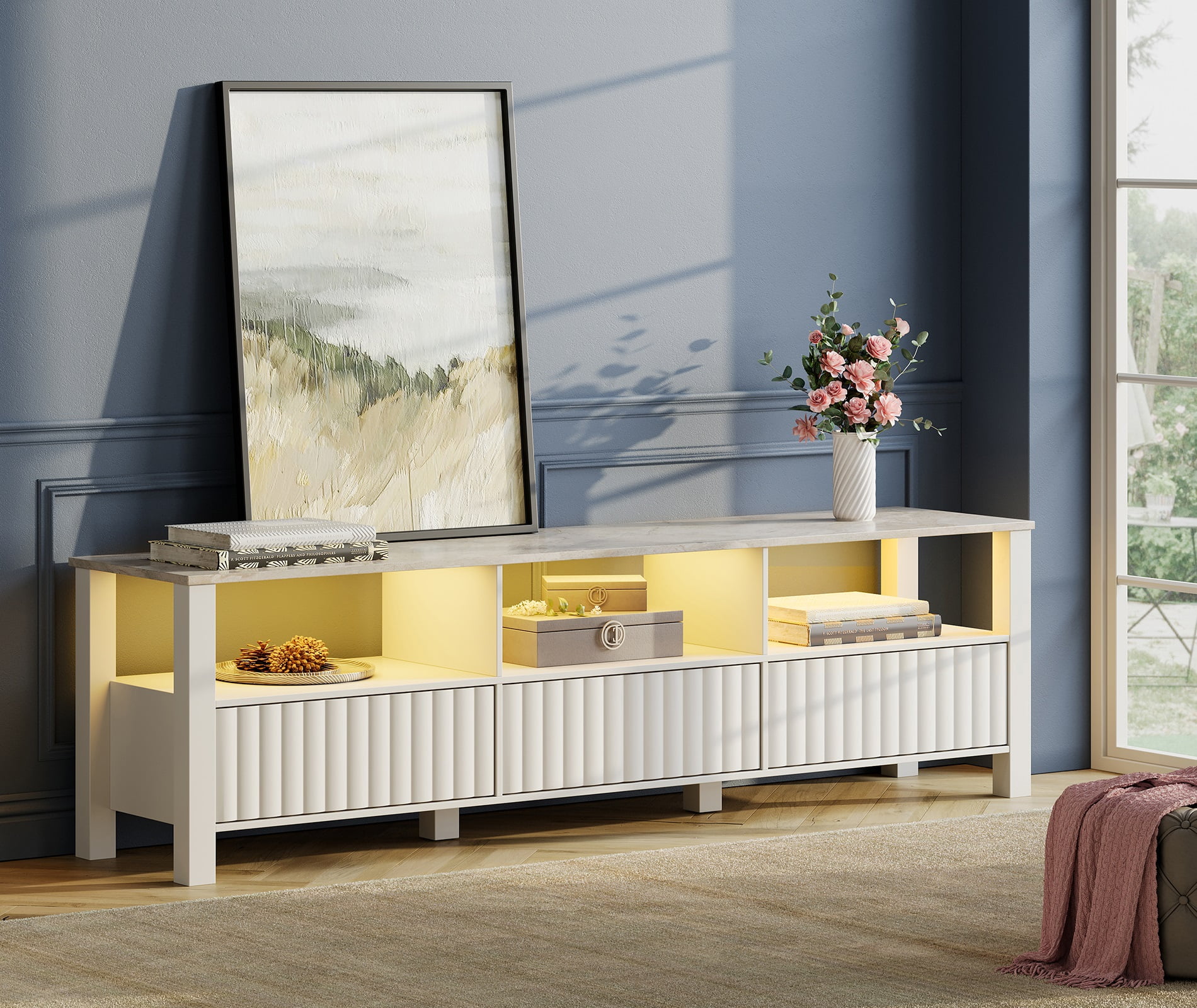 FITUEYES LED TV Stand for 75 Inch TV, Wood Entertainment Center with ...