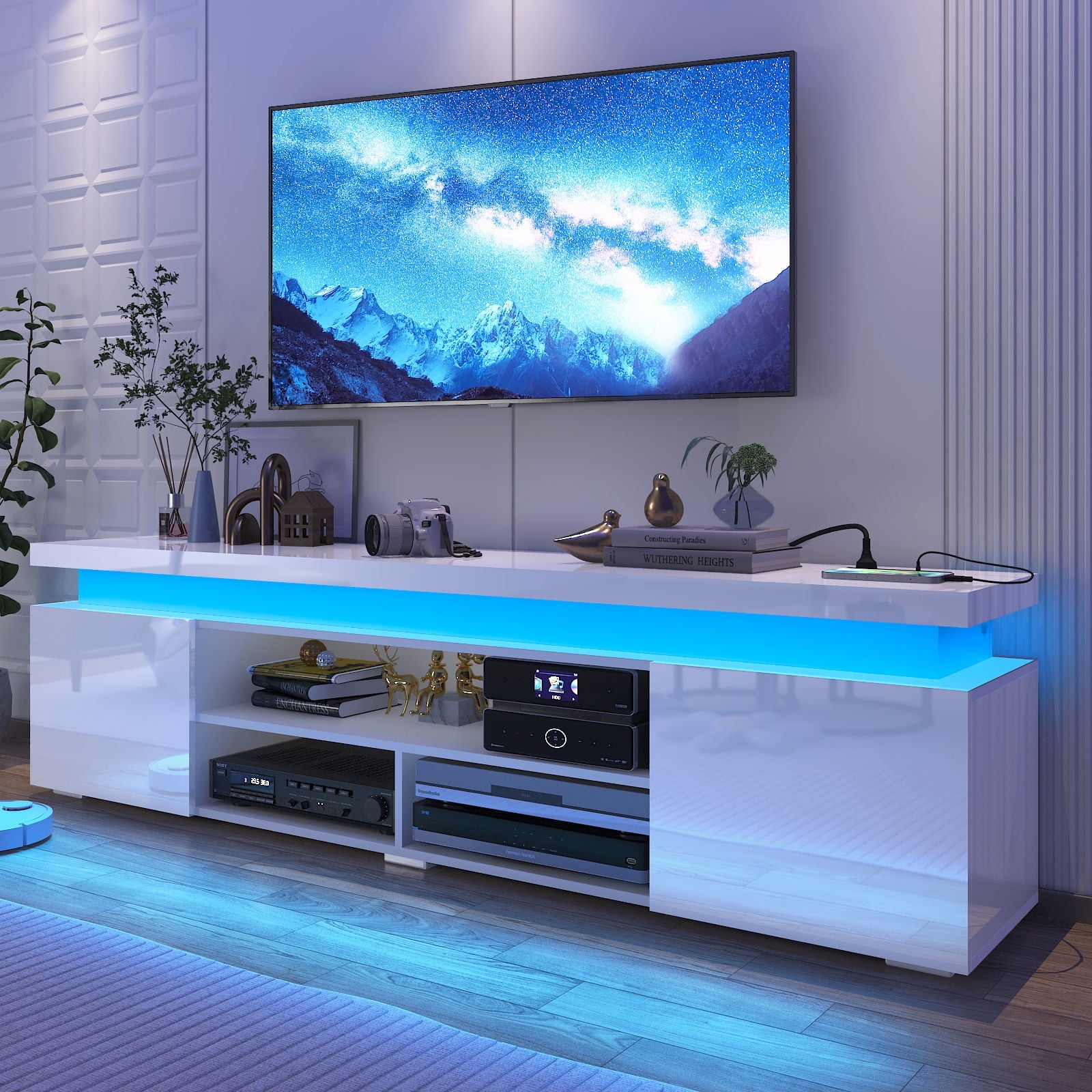 "ChVans 66"" LED TV Stand, Power Outlets, High Gloss Console for Gaming ...