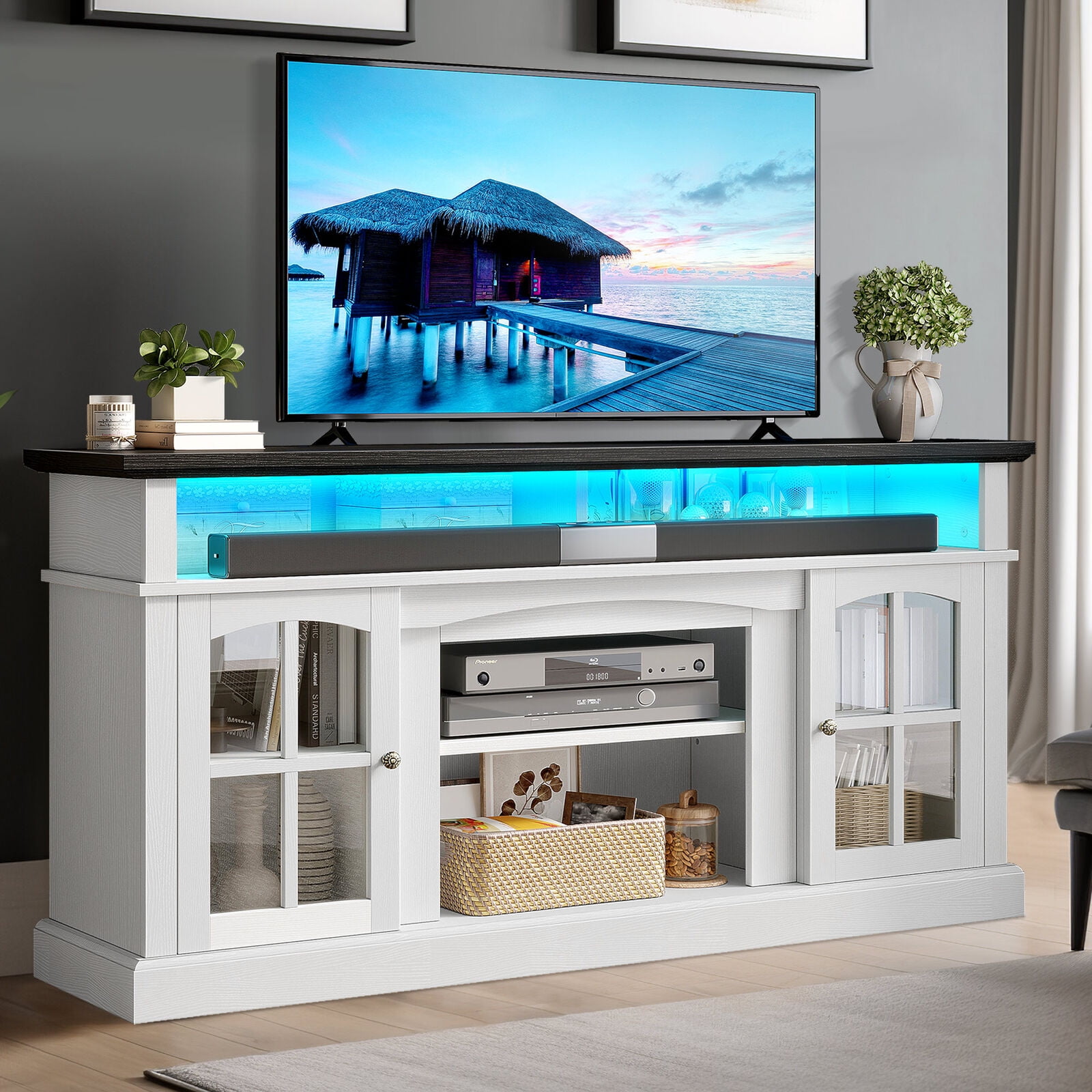 LED TV Stand with Power Outlets for 70 Inch Media Console Entertainment ...