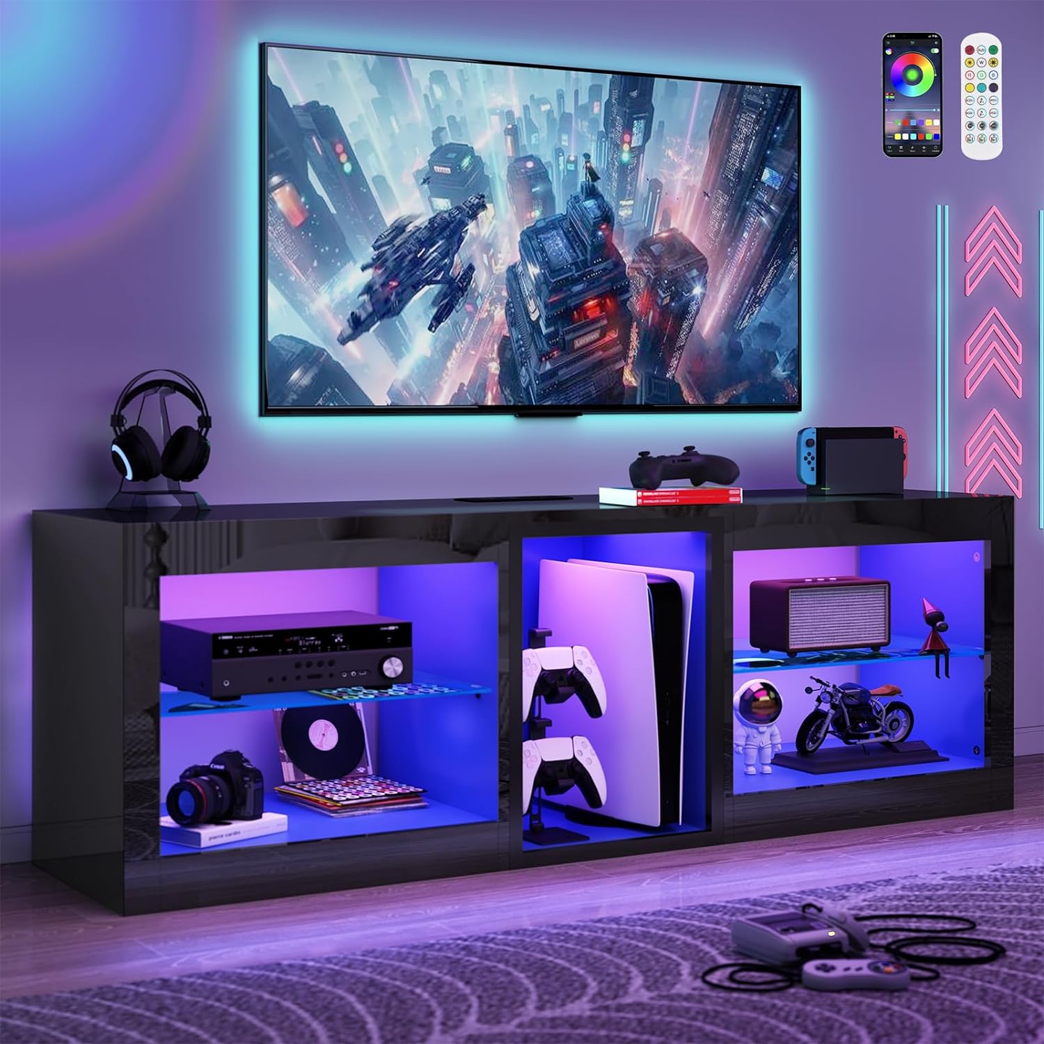 LED TV Stands W/Power Outlet for 50 55 60 65Inch TV,Black Entertainment ...